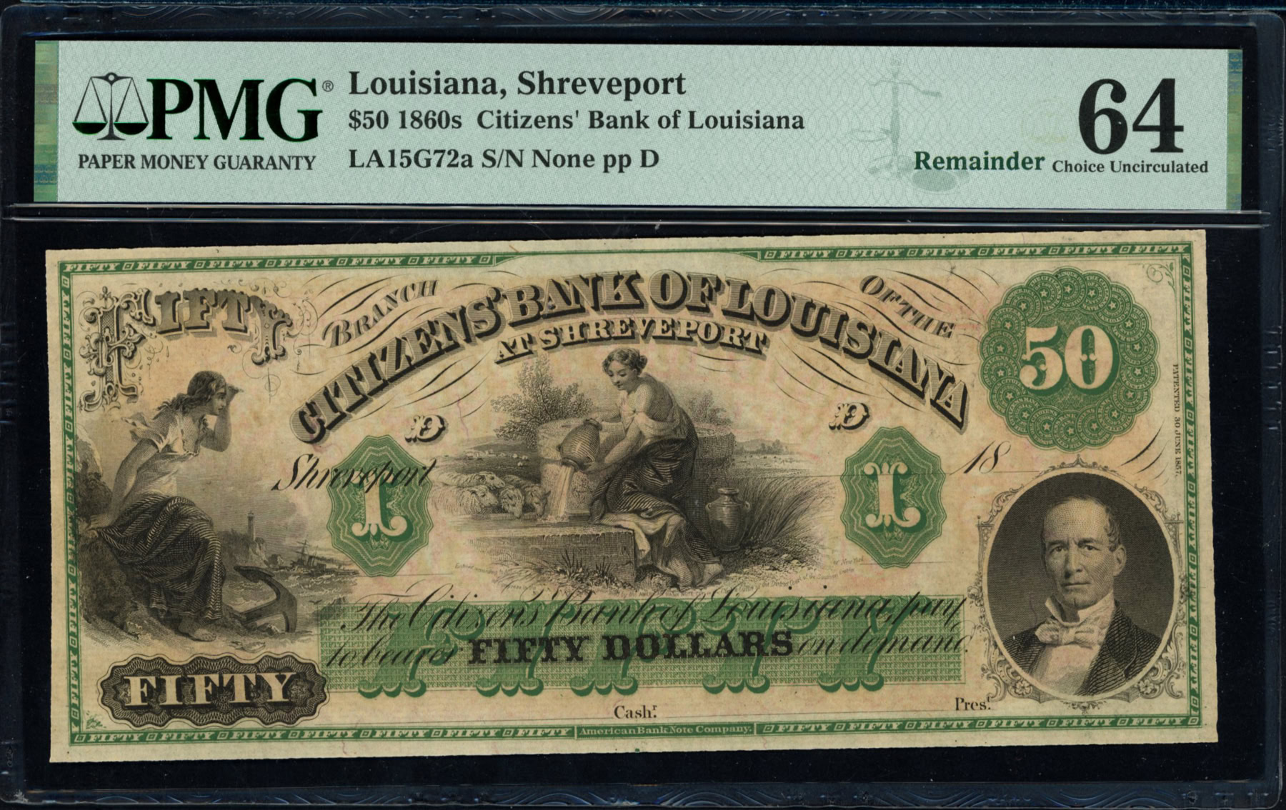 1860s Shreveport, Louisiana Citizens' Bank of Louisiana $50 Remainder ...