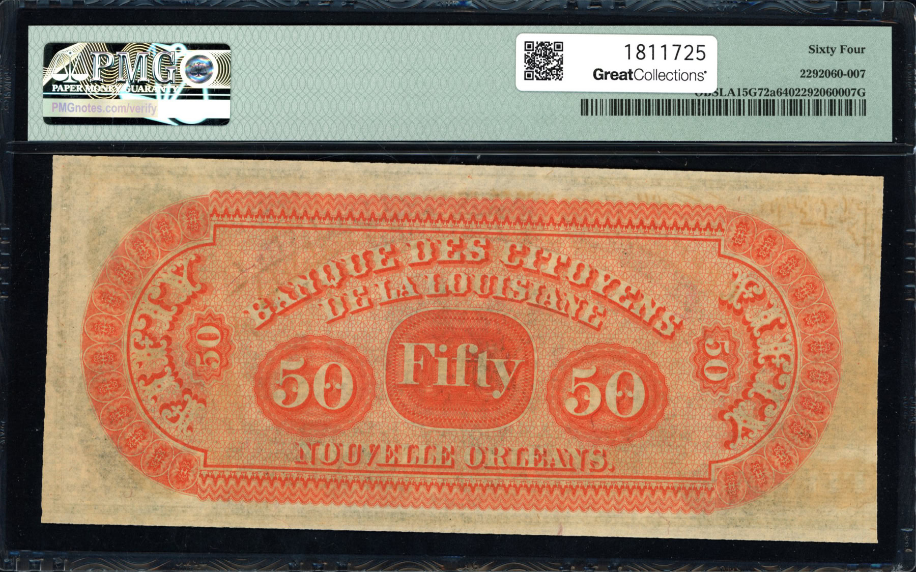 1860s Shreveport, Louisiana Citizens' Bank of Louisiana $50 Remainder ...