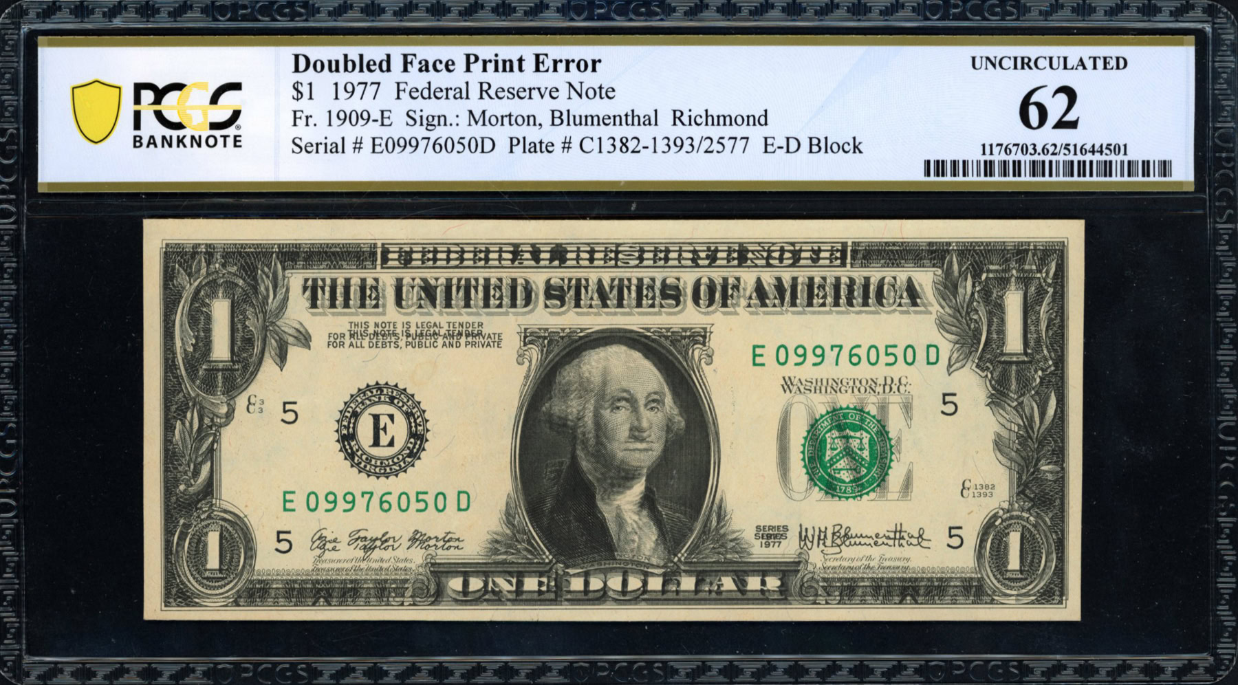 Fr. 1909-E (ED Block) 1977 $1 Richmond Federal Reserve Error Note ...