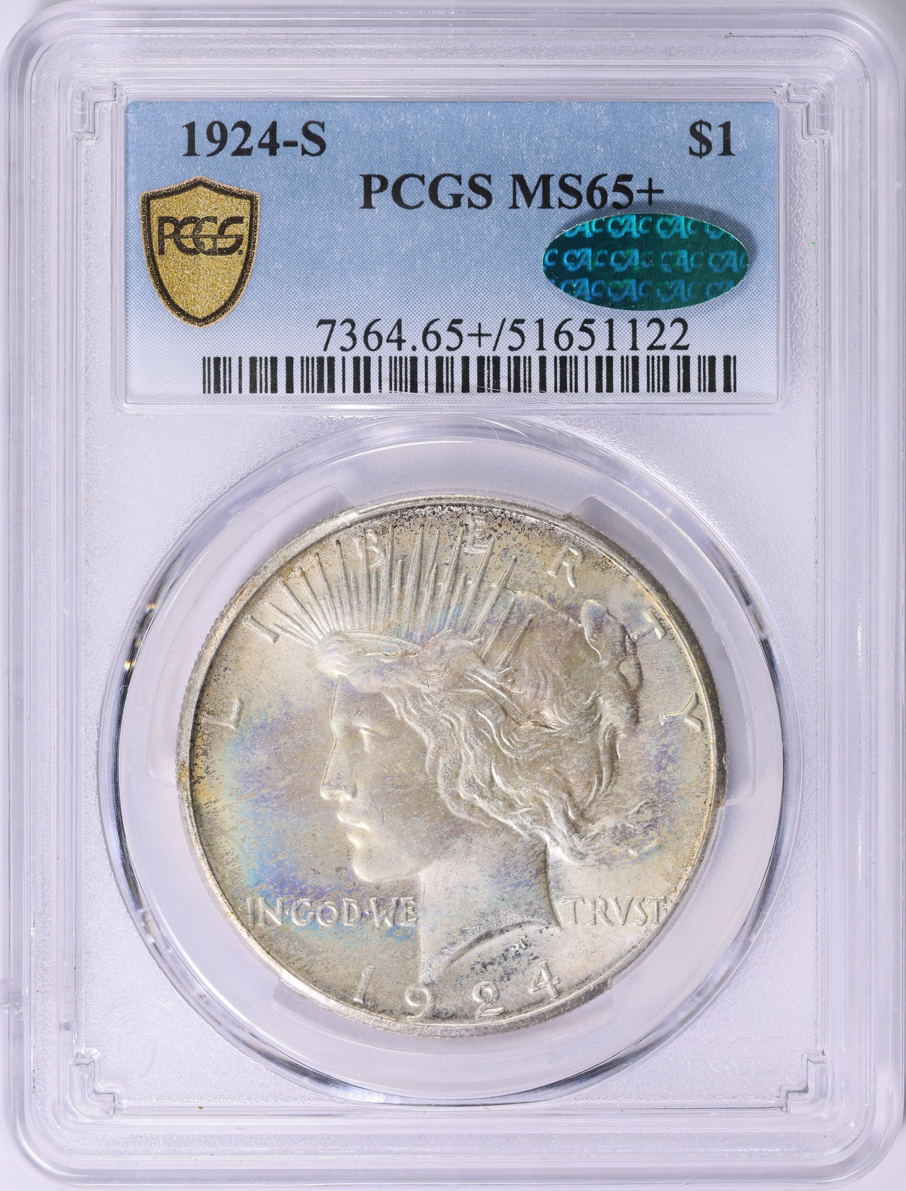 1924-S Peace Silver Dollar PCGS MS-65+ (CAC Green) (Toned) (Item 1811758) | GreatCollections ...