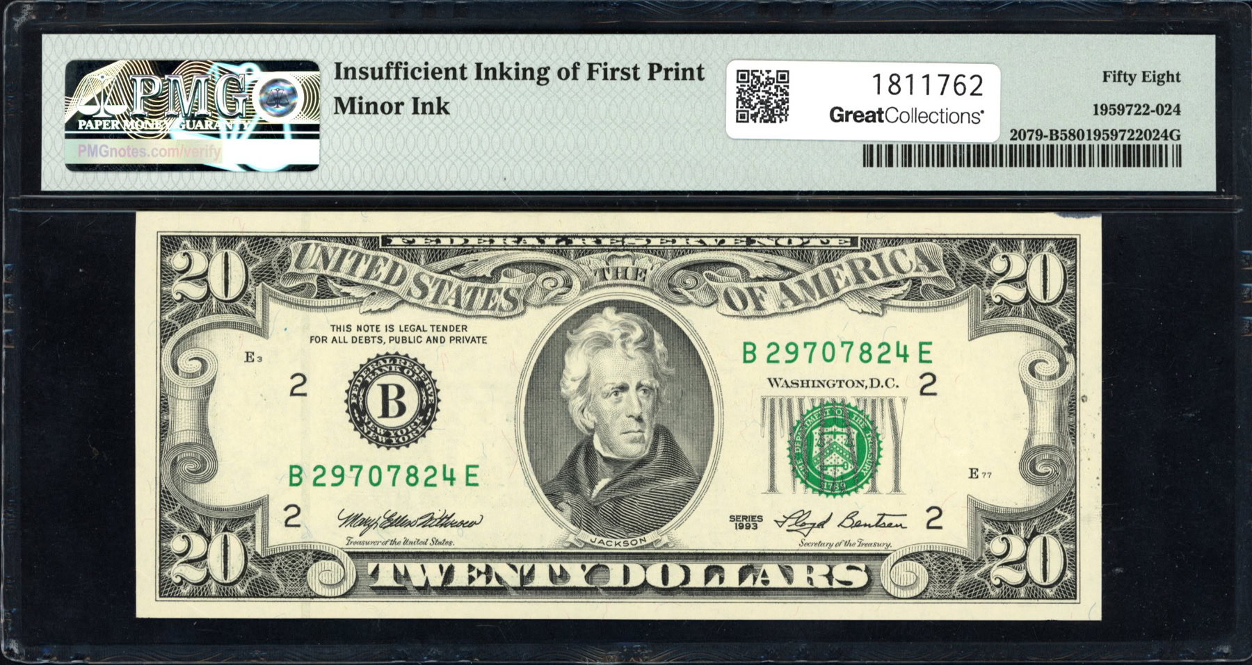 Fr. 20749-B (BE Block) 1993 $20 New York Federal Reserve Error Note Insufficient Inking Error ...