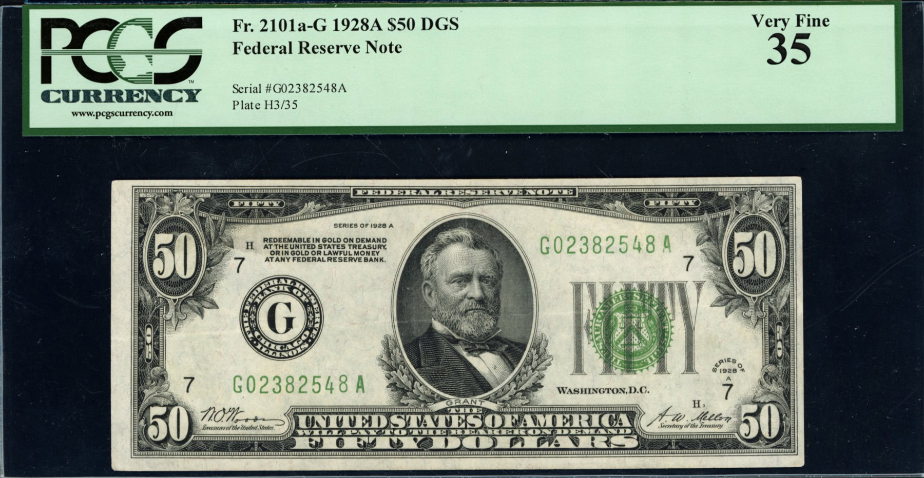Fr. 2101-Gdgs Dark Green (GA Block) 1928A $50 Chicago Federal Reserve ...