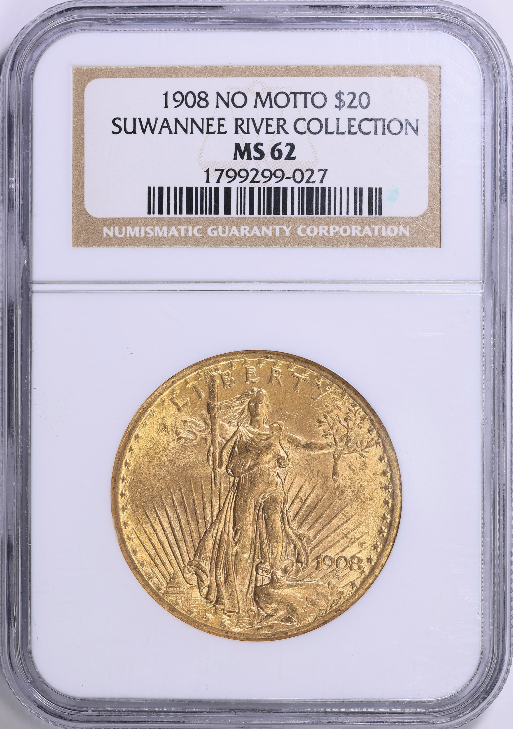 1908 Saint-Gaudens Gold Double Eagle No Motto NGC MS-62 (Suwannee River ...