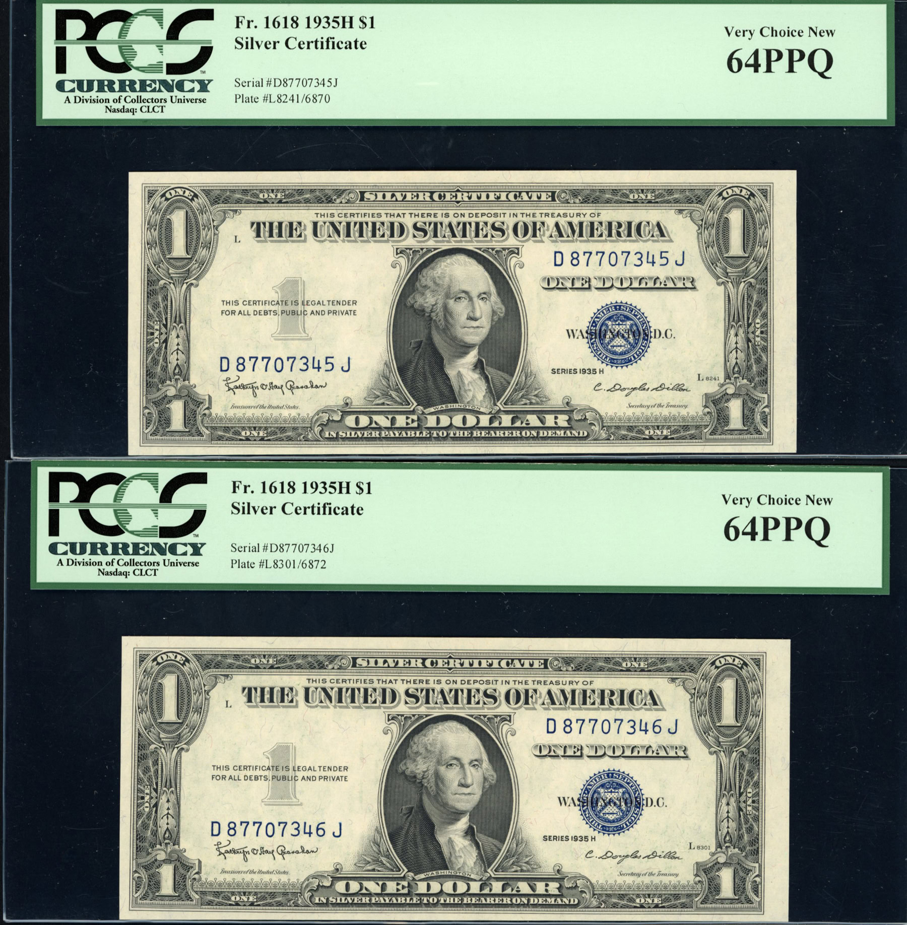 Fr. 1618 (DJ Block) 1935H $1 Silver Certificate Notes Sequential Serial ...