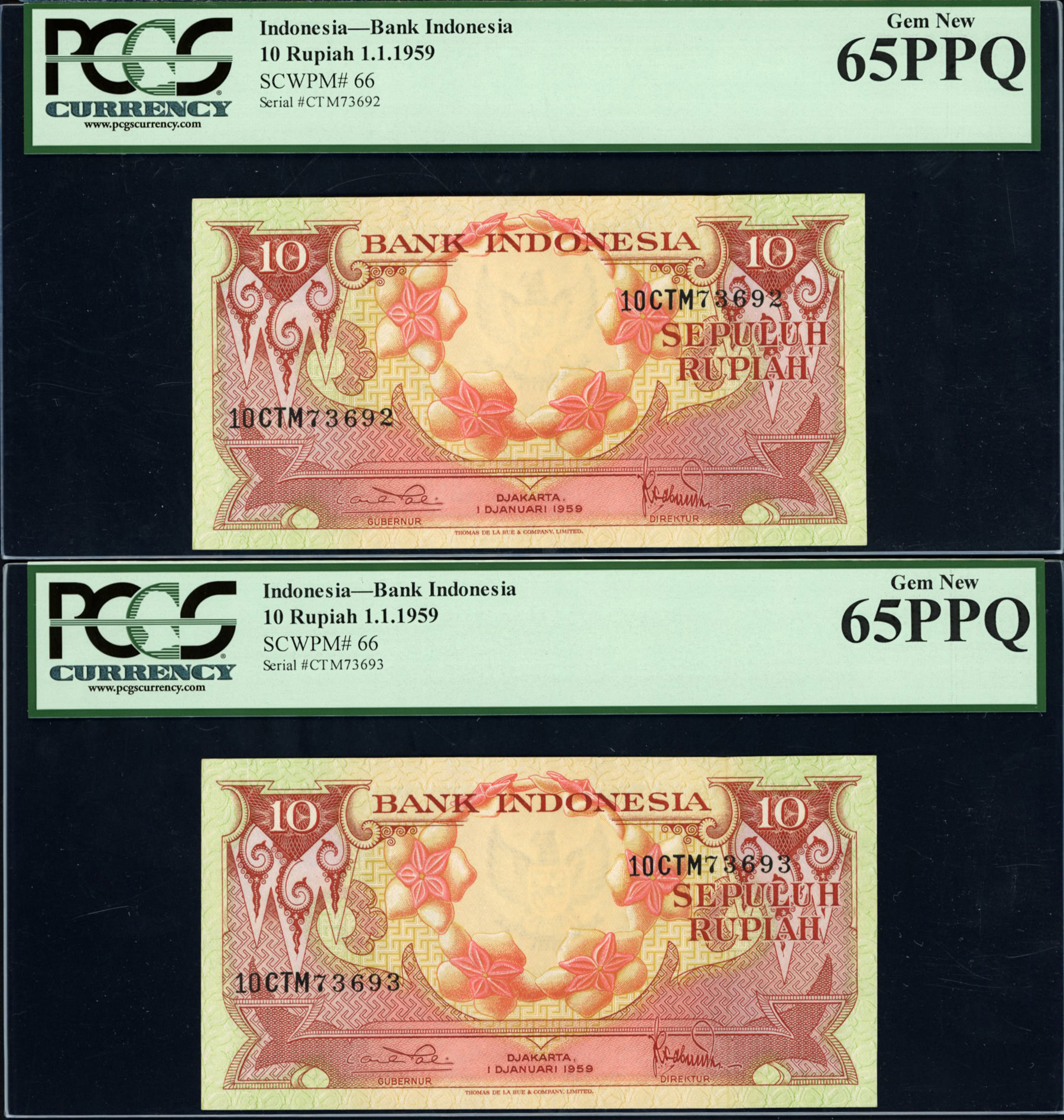 Indonesia 1959 10 Rupiah Bank Indonesia Notes Sequential Serial Number ...