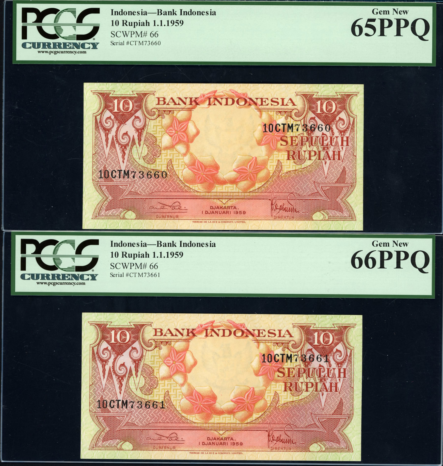 Indonesia 1959 10 Rupiah Bank Indonesia Notes Sequential Serial Number ...