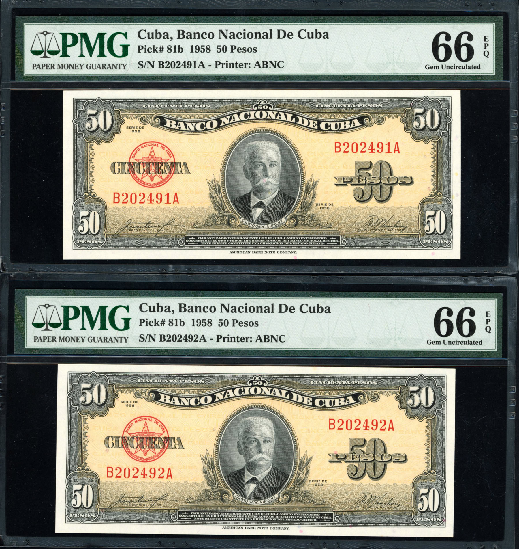 Cuba 1958 50 Pesos Banco Nacional de Cuba Notes Sequential Serial ...