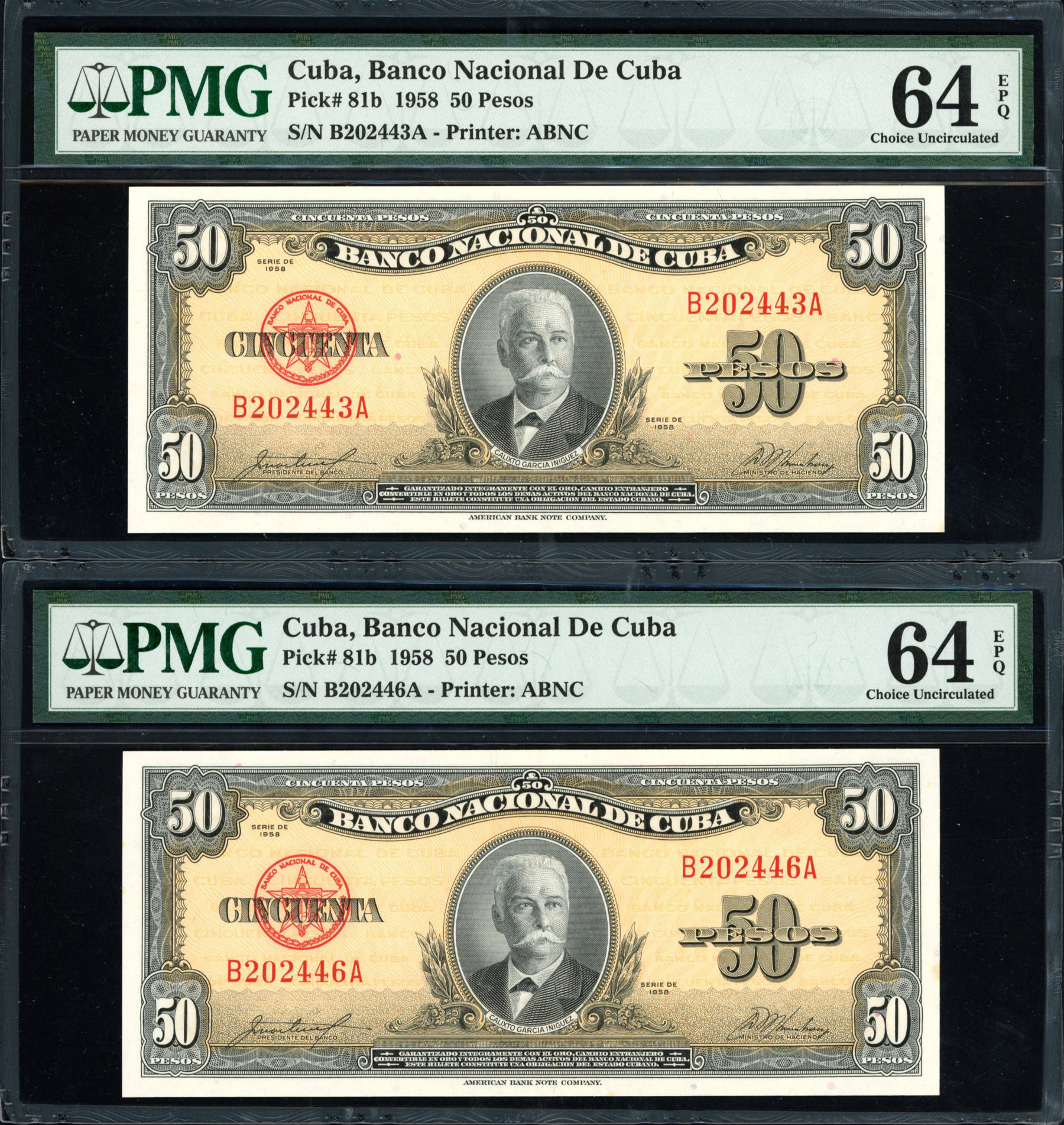 Cuba 1958 50 Pesos Banco Nacional de Cuba Notes Selection SCWPM-81b PMG ...