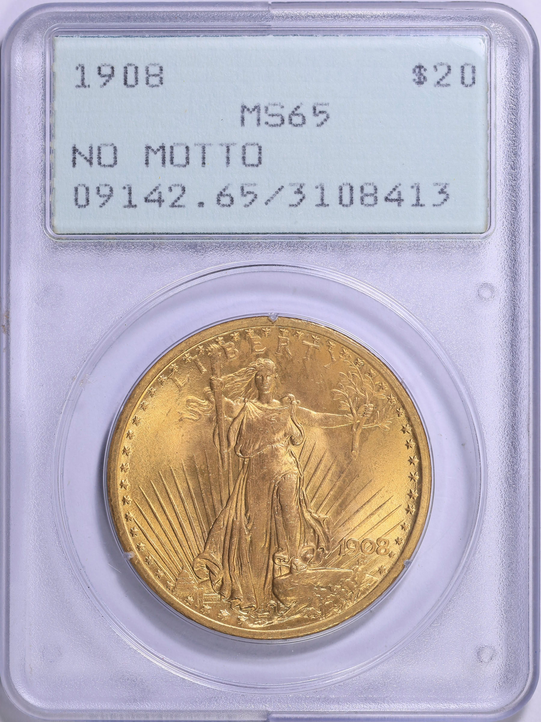 1908 Saint-Gaudens Gold Double Eagle No Motto PCGS MS-65 OGH (1st Gen) (Item 1812435 ...