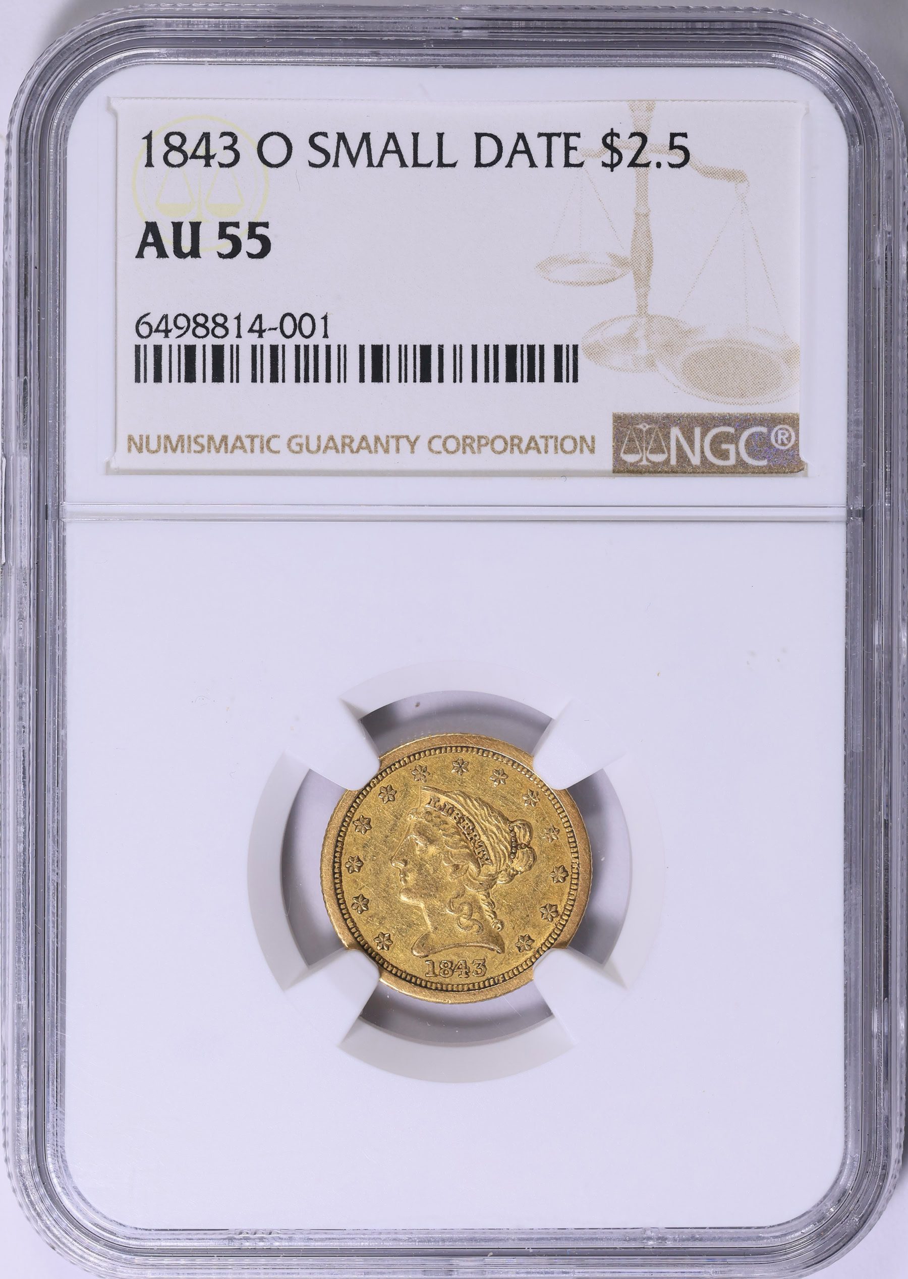 1843-O Liberty Gold Quarter Eagle Small Date NGC AU-55 (Item 1812444) | GreatCollections Coin ...