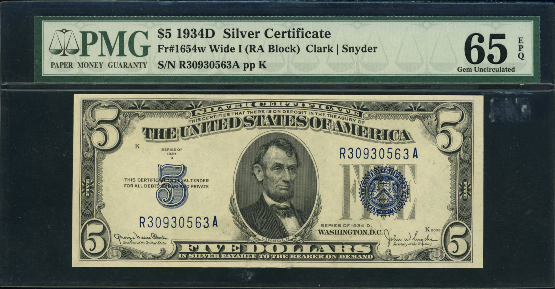 Fr. 1654Wi Wide I (RA Block) 1934D $5 Silver Certificate Note Clark / Snyder PMG Gem ...
