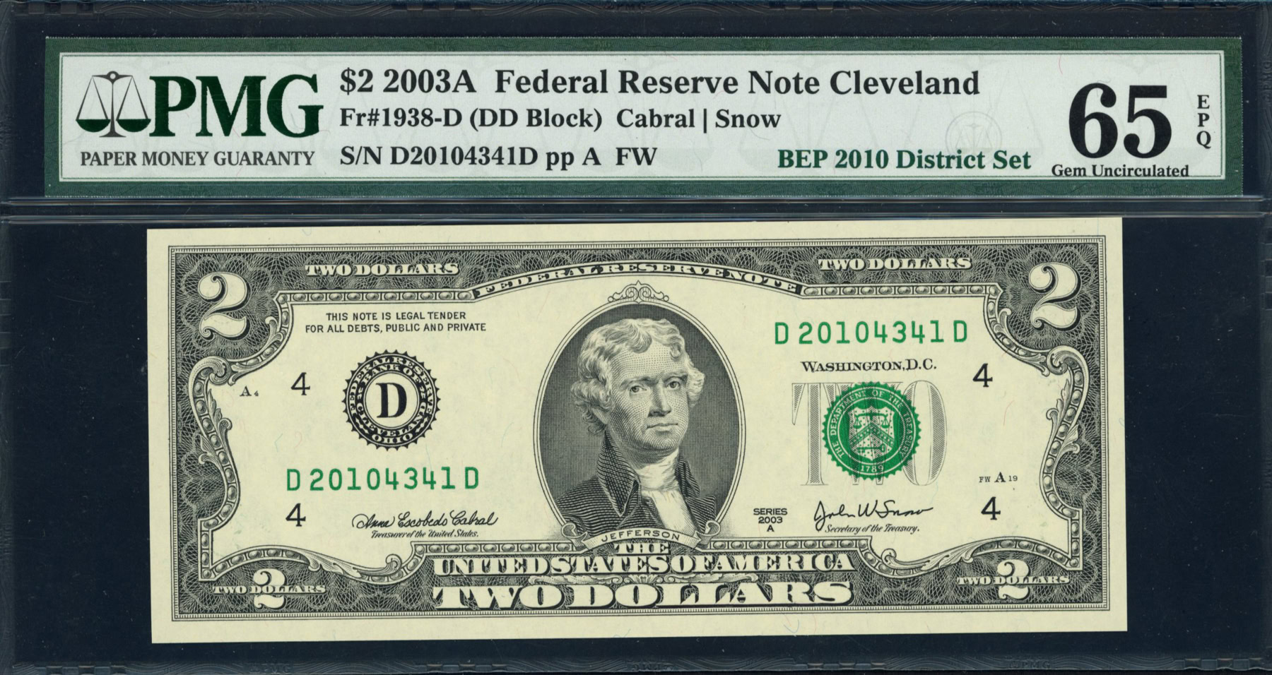 Fr. 1938-D (DD Block) 2003A $2 Cleveland Federal Reserve Note Cabral ...