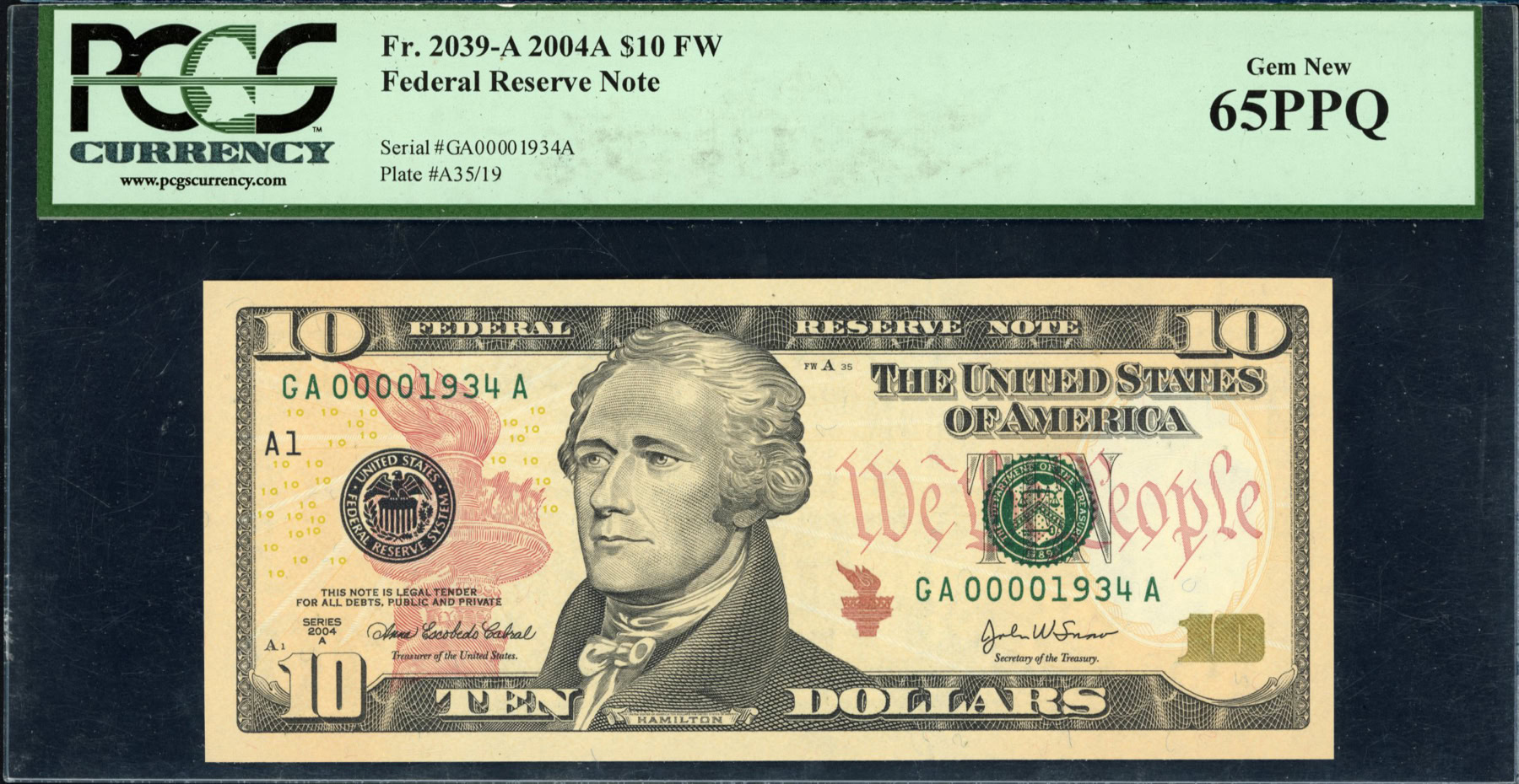 Fr. 2039-A (GAA Block) 2004A $10 Boston Federal Reserve Note Low Birth ...