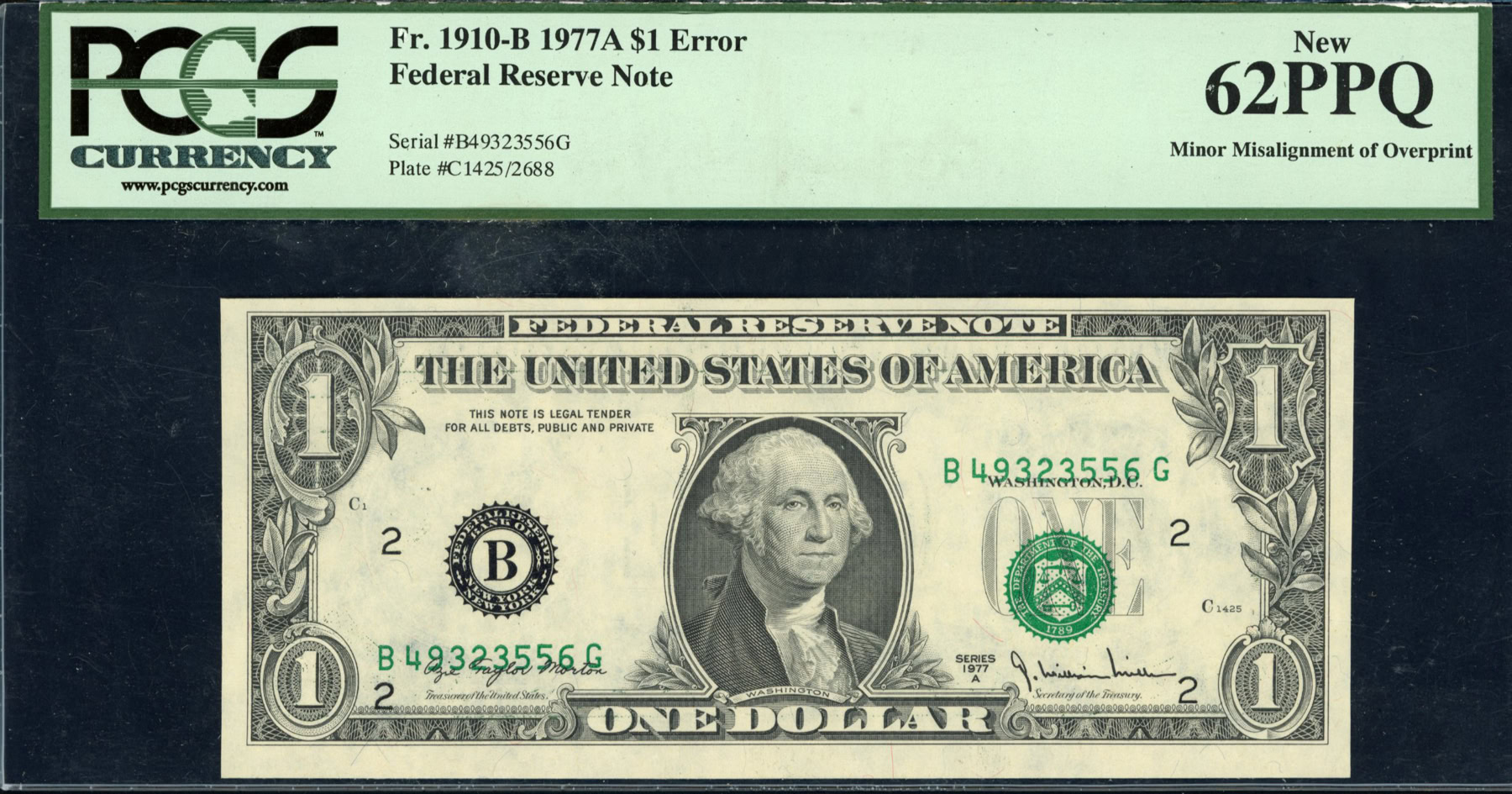 Fr. 1910-B (BG Block) 1977A $1 New York Federal Reserve Error Note ...