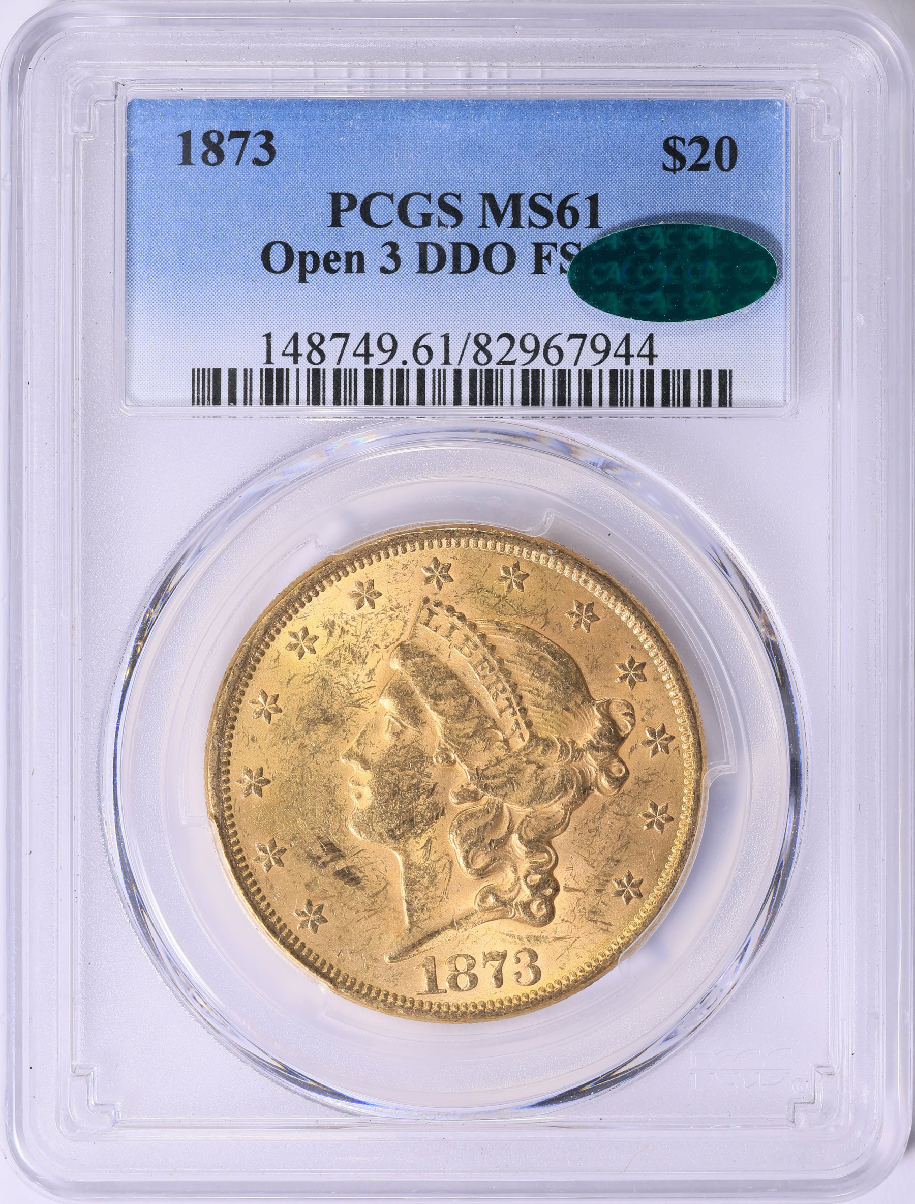 1873 Liberty Gold Double Eagle Open 3, Doubled Die Obverse FS-101 PCGS MS-61 (CAC Green) (Item ...