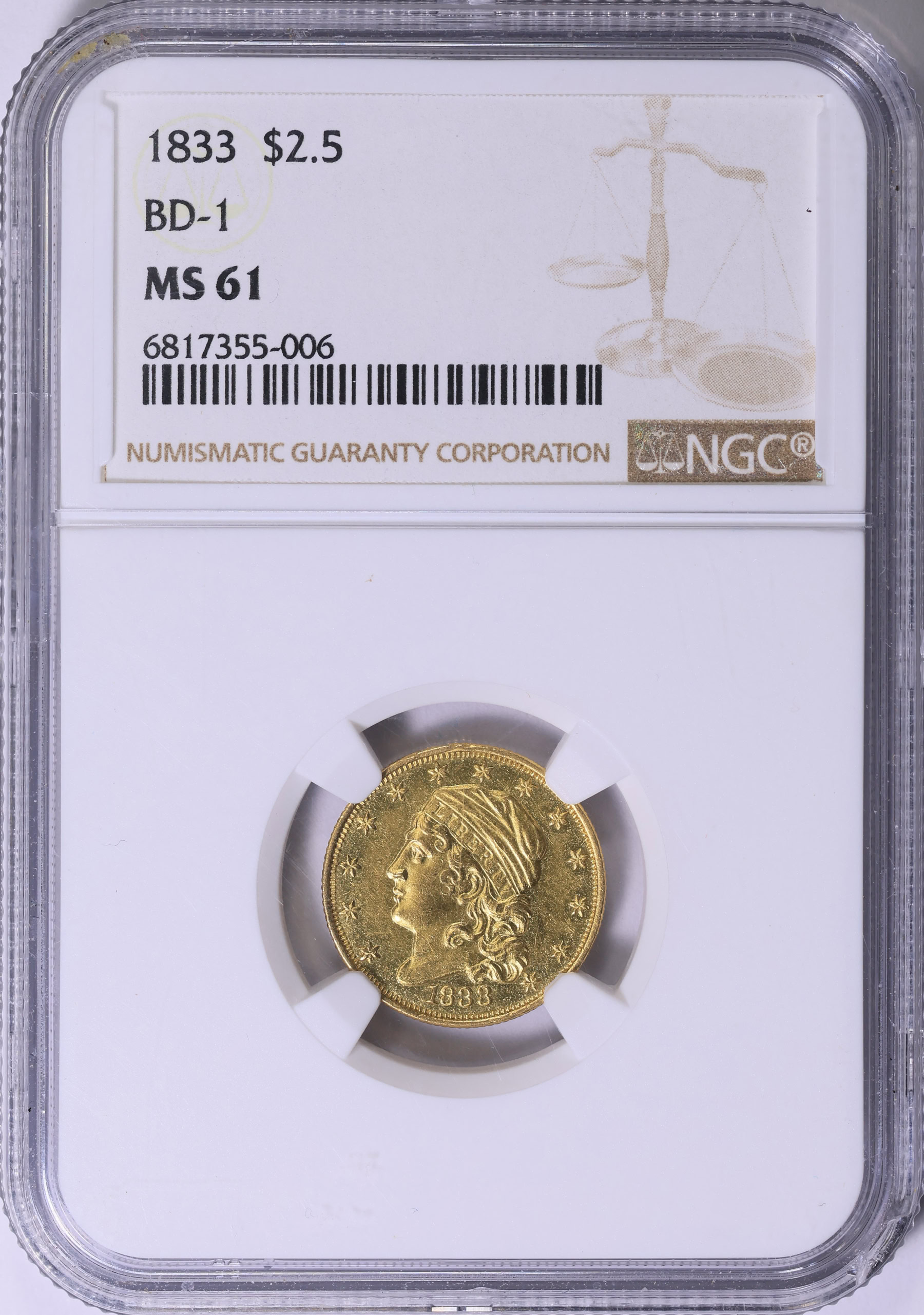 1833 Capped Head Gold Quarter Eagle BD-1 NGC MS-61 (Item 1812677) | GreatCollections Coin Auctions