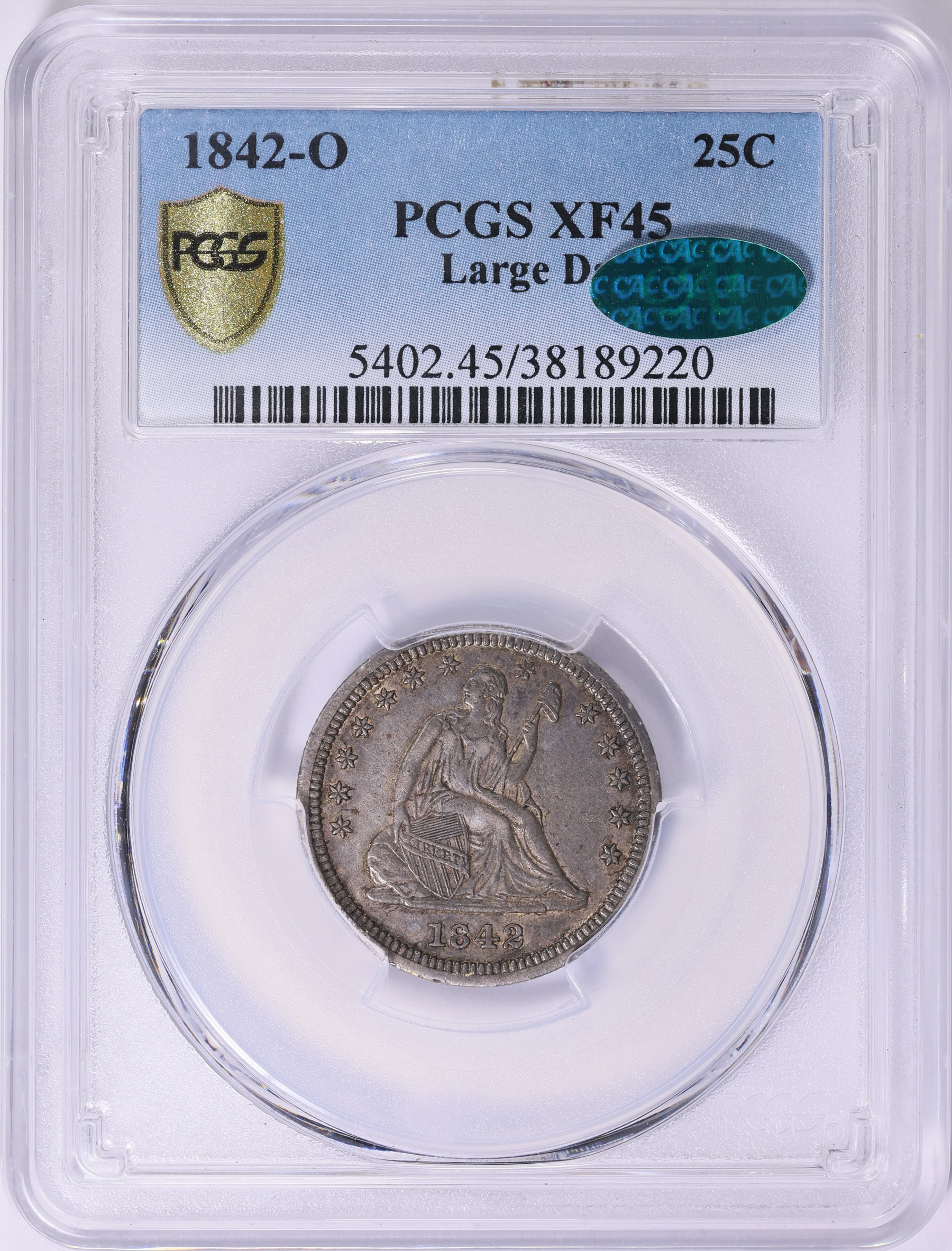 1842-O Seated Liberty Quarter Large Date PCGS XF-45 (CAC Green) (Item 1812998 ...