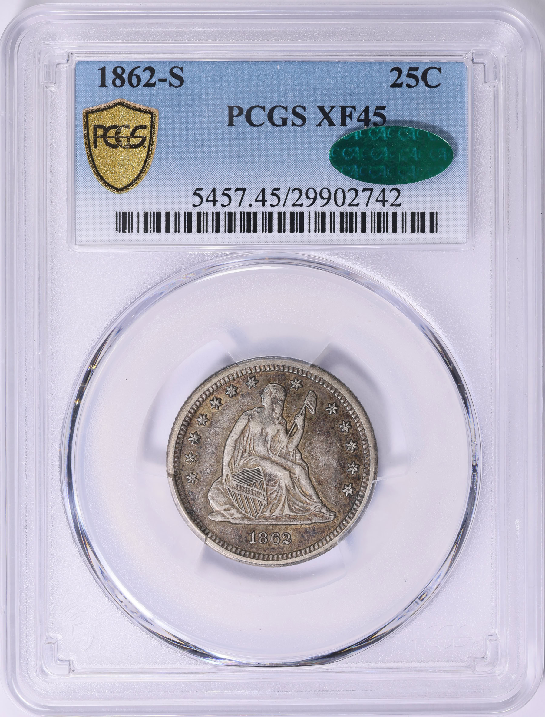 1862-S Seated Liberty Quarter PCGS XF-45 (CAC Green) (Item 1813006) | GreatCollections Coin Auctions
