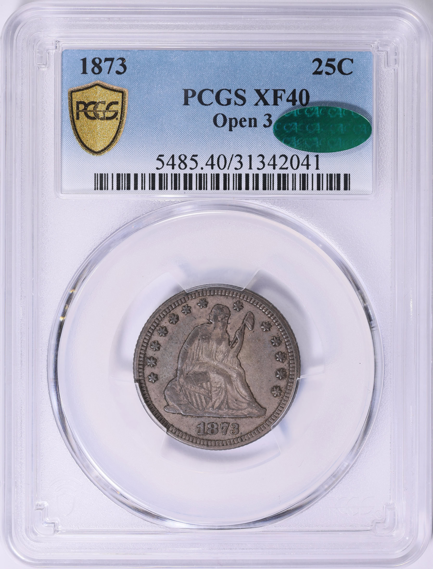 1873 Seated Liberty Quarter No Arrows, Open 3 PCGS XF-40 (CAC Green) (Item 1813007 ...