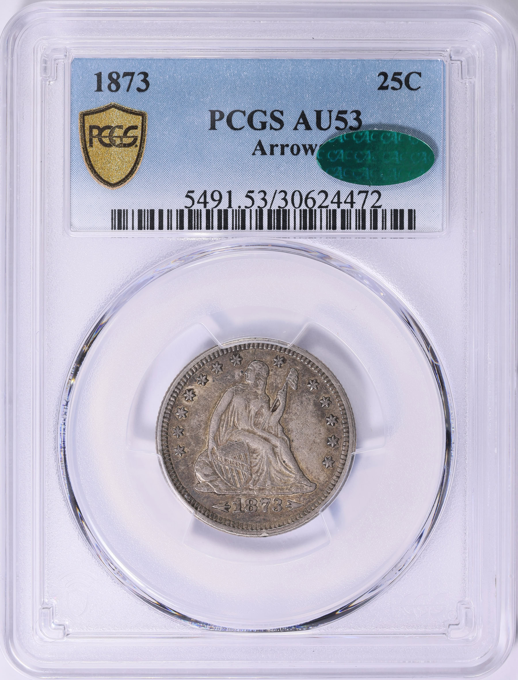 1873 Seated Liberty Quarter Arrows PCGS AU-53 (CAC Green) (Item 1813008 ...