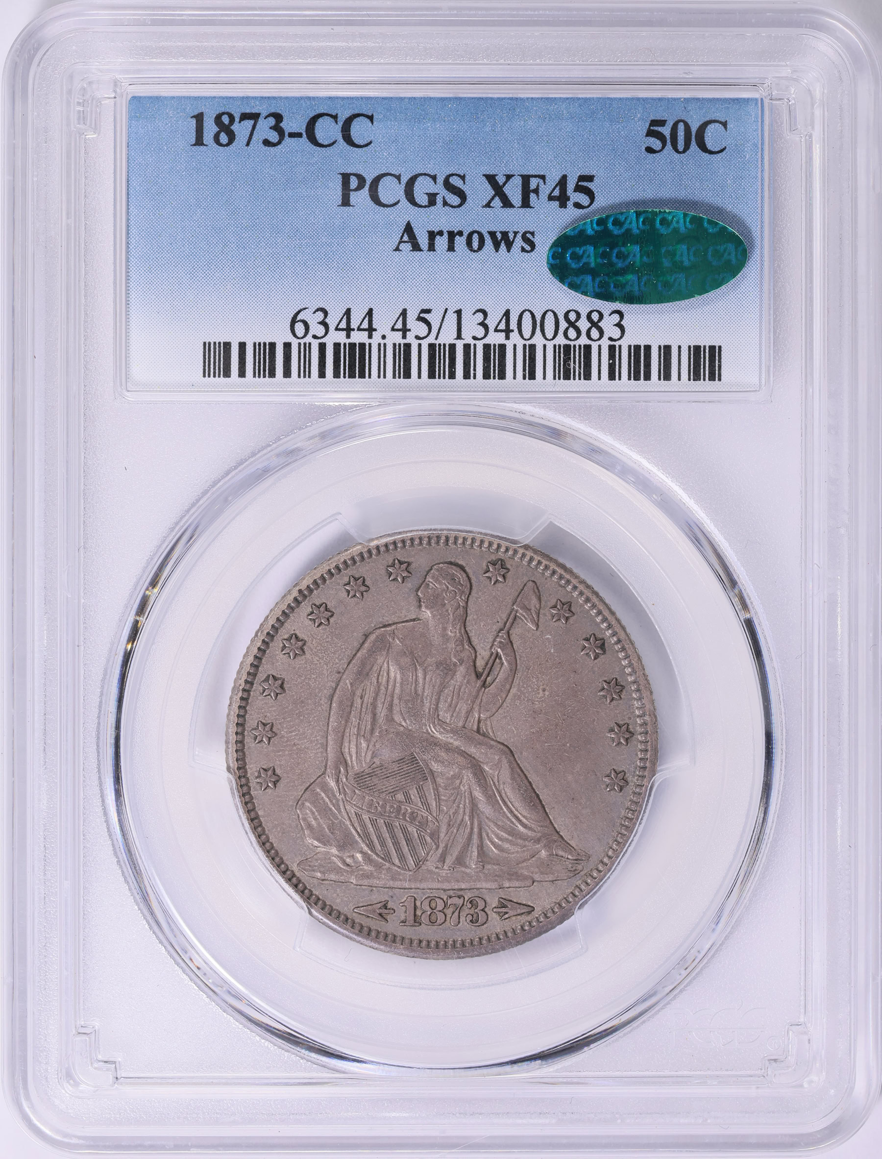 1873-CC Seated Liberty Half Dollar Arrows PCGS XF-45 (CAC Green) (Item 1813013 ...