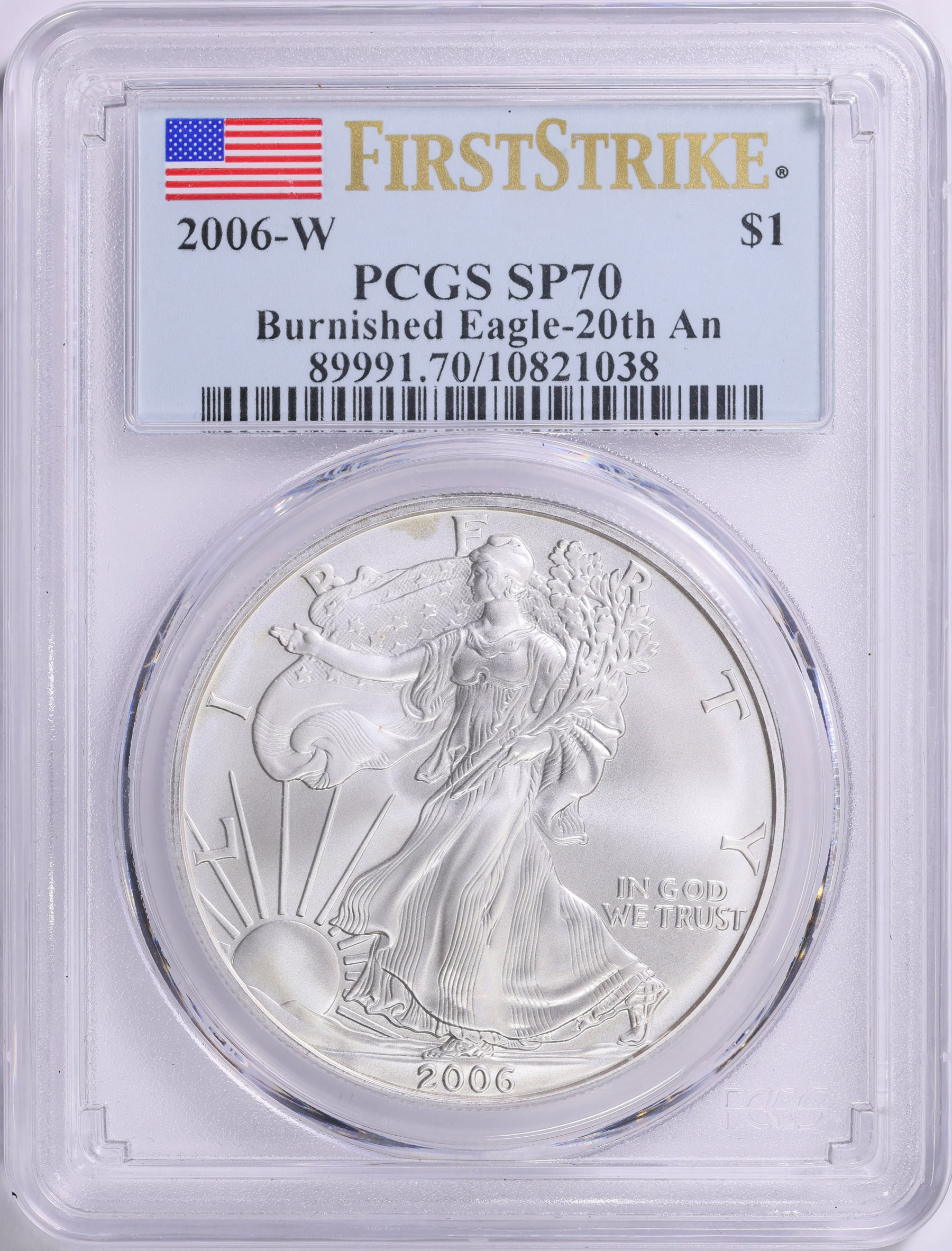 2006-W $1 Silver Eagle Burnished 20th Anniversary First Strike PCGS SP-70 (Toned) (Item 1813025 ...