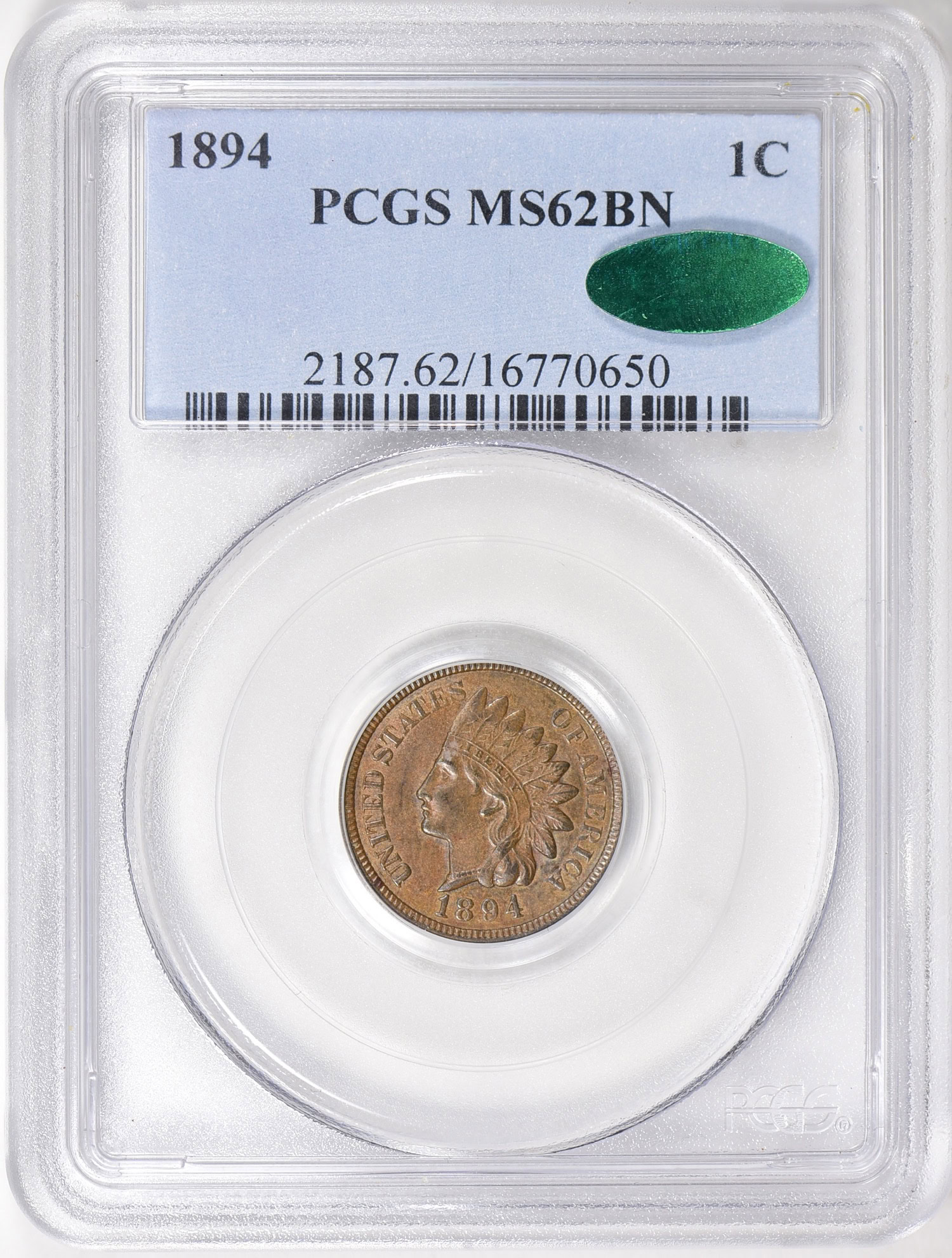 1894 Indian Cent PCGS MS-62 BN (CAC Green) (Item 1813101) | GreatCollections Coin Auctions
