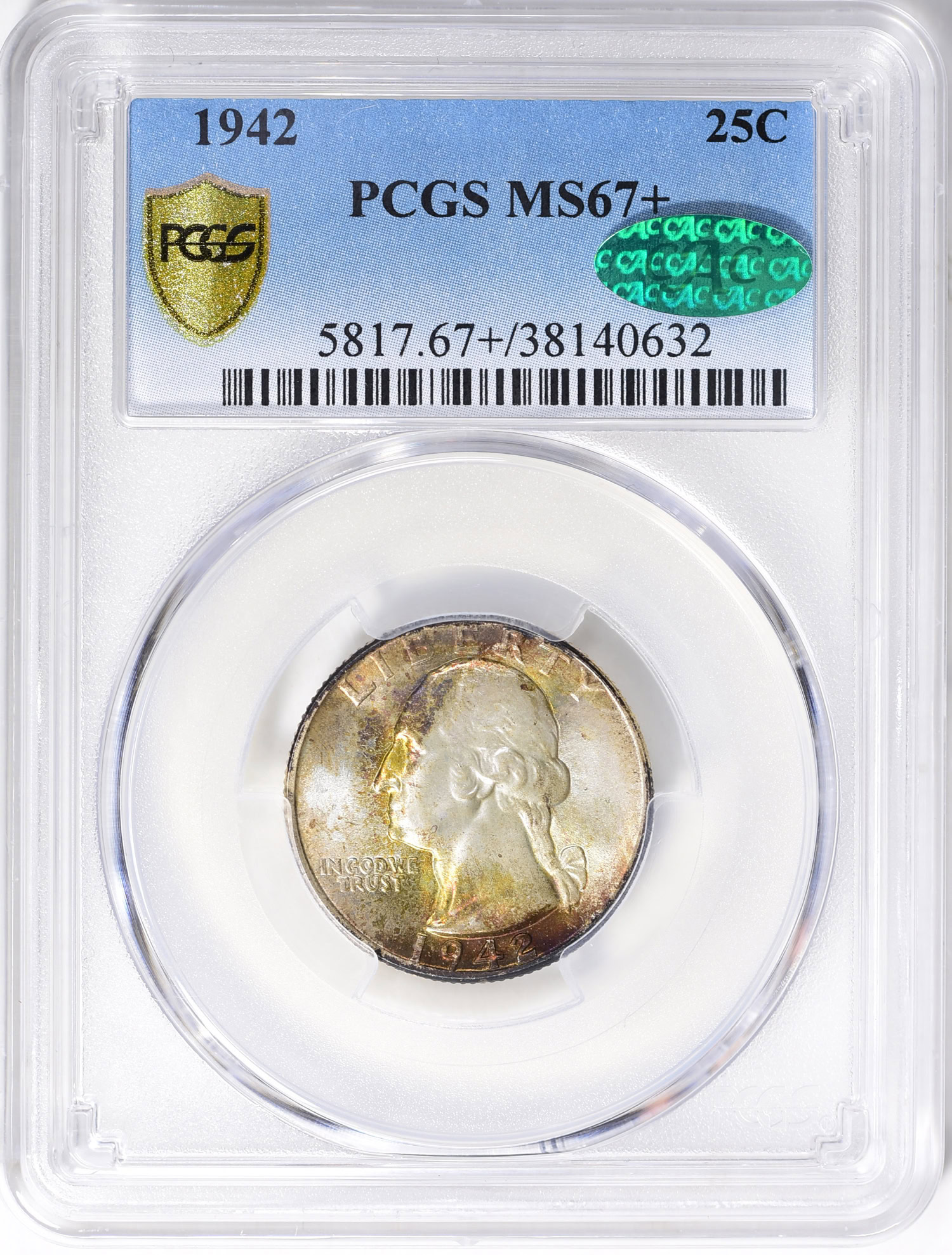 1942 Washington Quarter PCGS MS-67+ (CAC Green) (Toned) (Item 1813109) | GreatCollections Coin ...