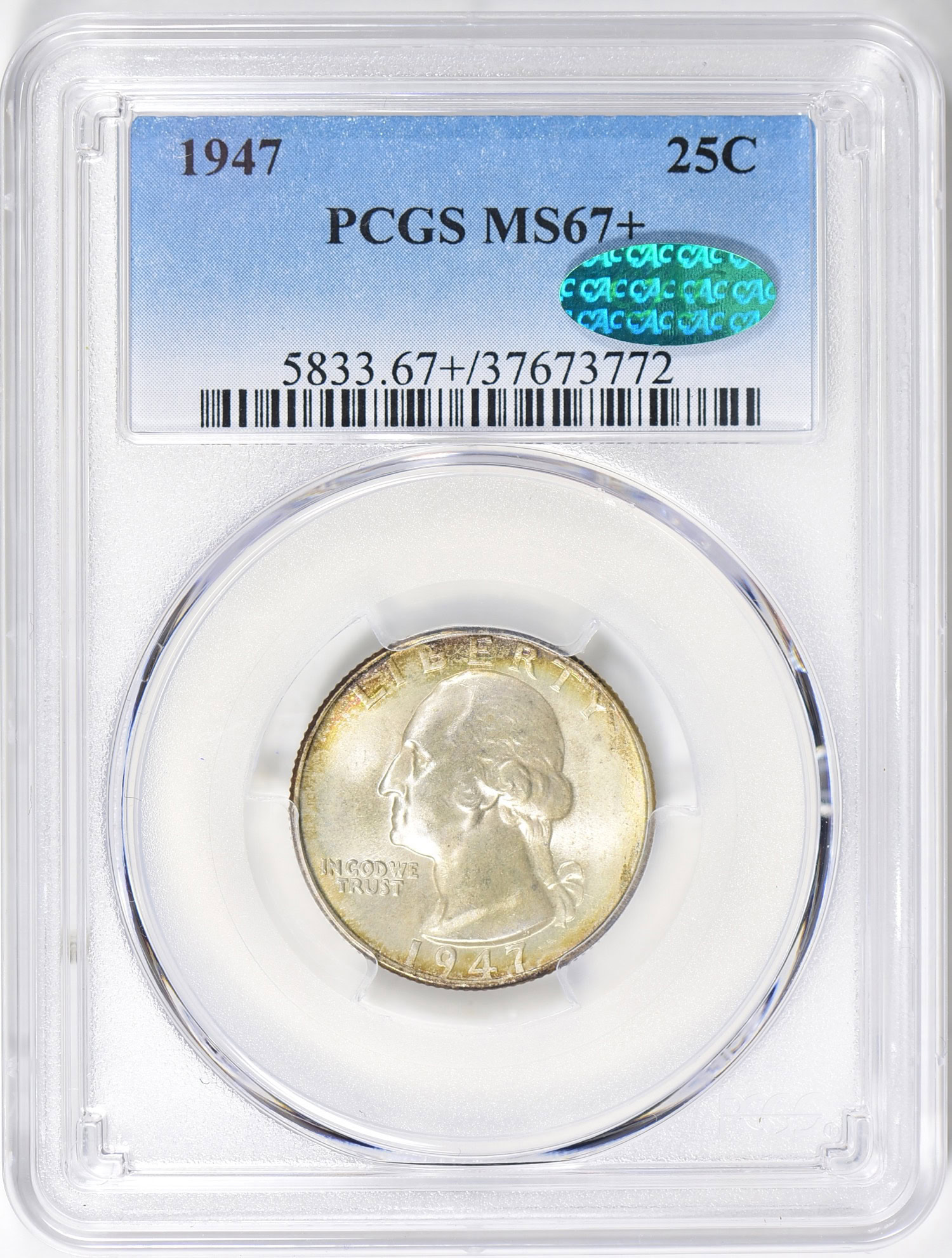 1947 Washington Quarter PCGS MS-67+ (CAC Green) (Toned) (Item 1813110) | GreatCollections Coin ...