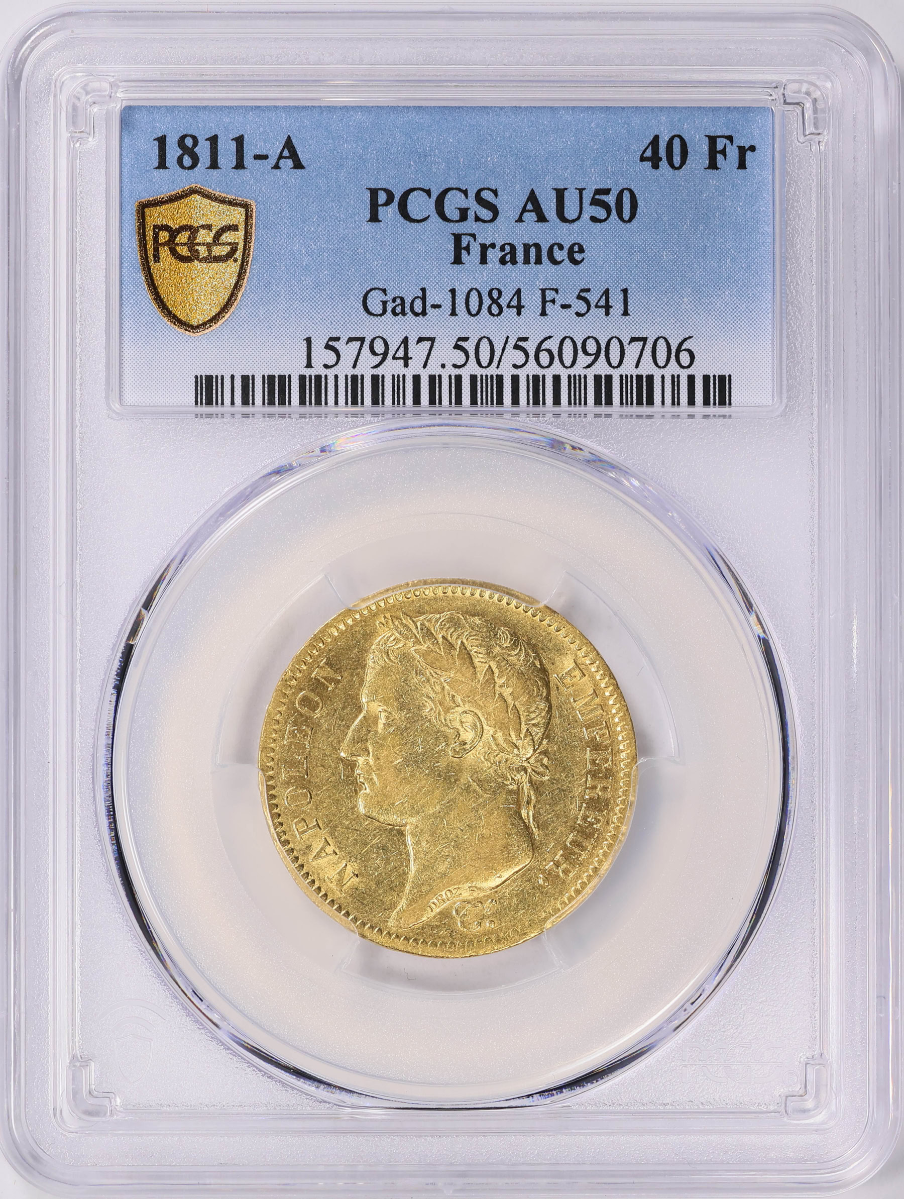 France 1811-A Gold 40 Francs KM-696.1 PCGS AU-50 (AGW = 0.3734 oz ...