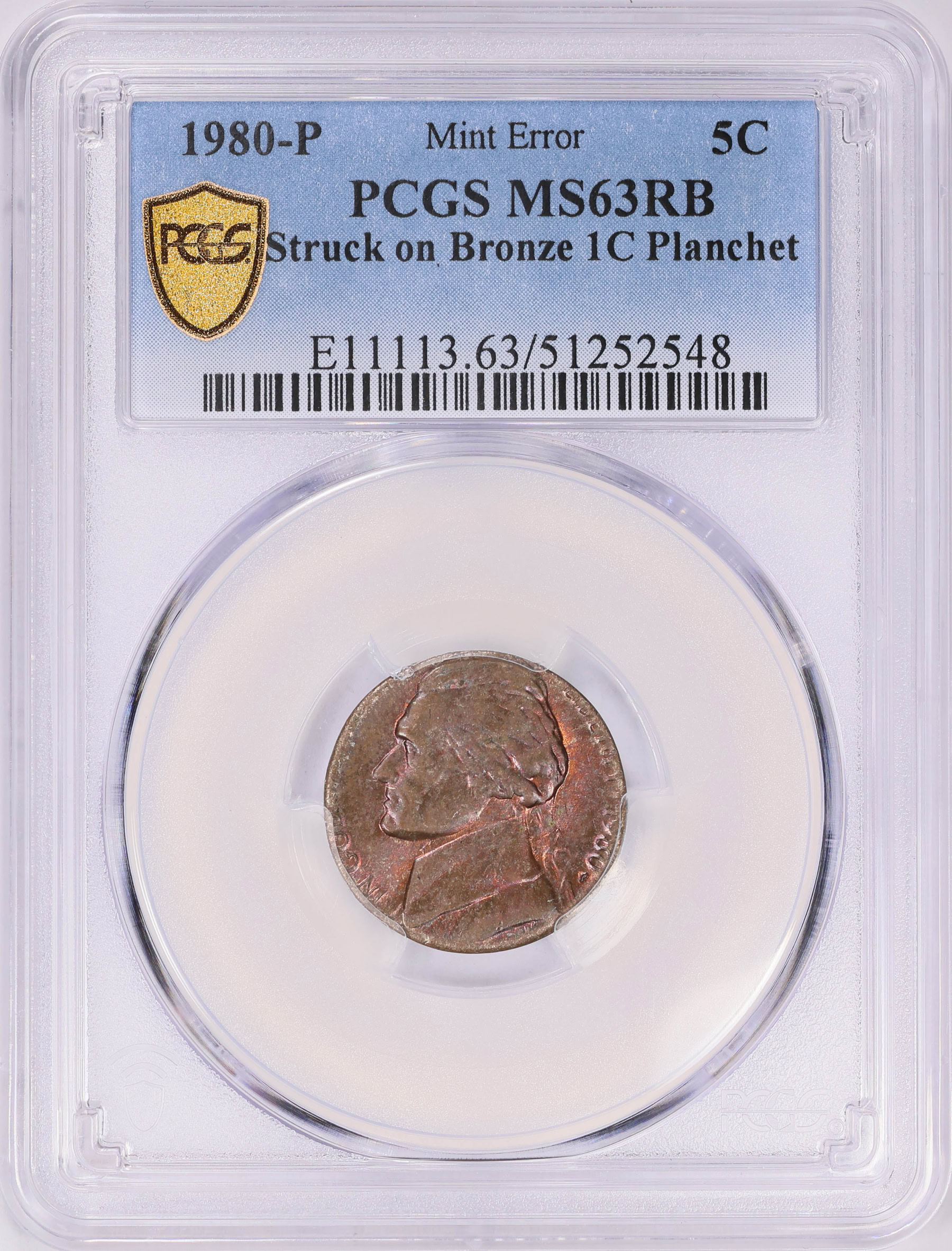 Mint Error 1980-P Jefferson Nickel Struck on Bronze 1c Planchet PCGS MS ...