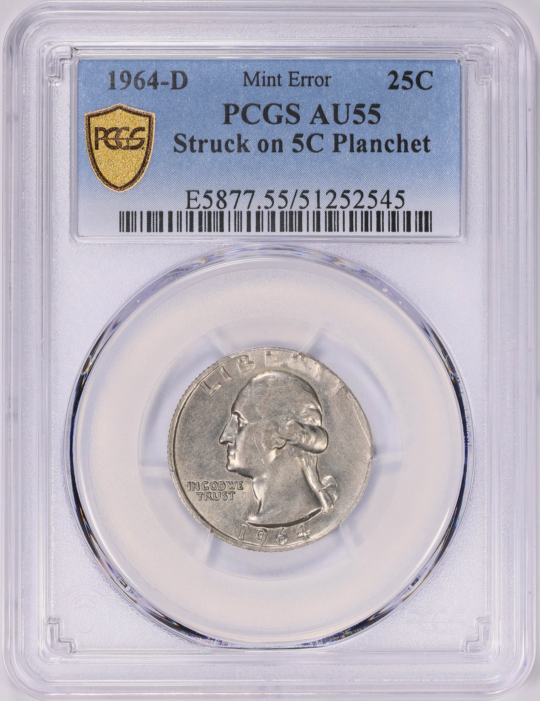 Mint Error 1964-D Washington Quarter Struck on 5c Planchet PCGS AU-55 ...