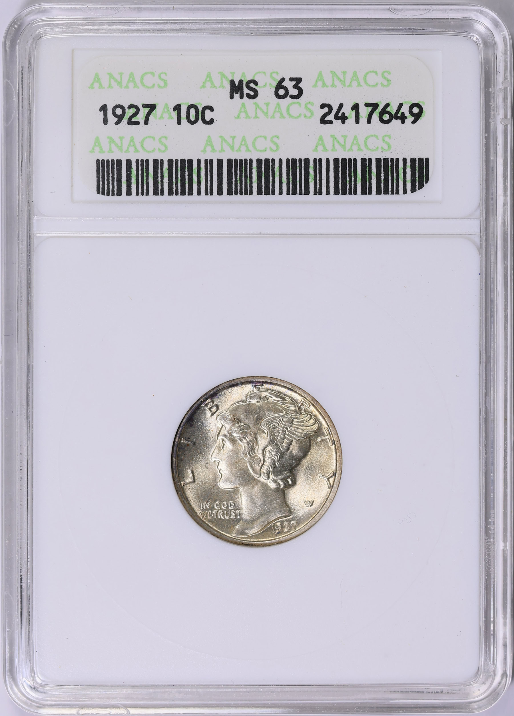 1927 Mercury Dime ANACS MS-63 OH (Toned) (Item 1813660) | GreatCollections Coin Auctions