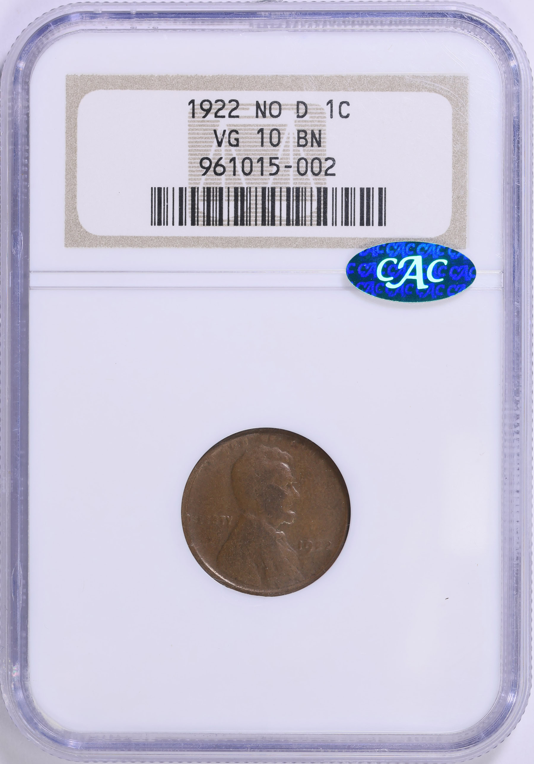 1922-No D Lincoln Cent Strong Reverse NGC VG-10 BN (CAC Green) (Item 1813675) | GreatCollections ...