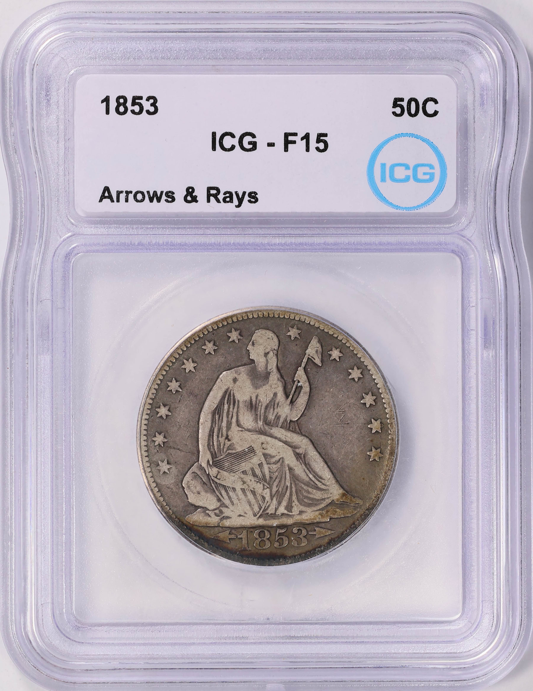 1853 Seated Liberty Half Dollar Arrows and Rays ICG F-15 (Item 1813726) | GreatCollections Coin ...