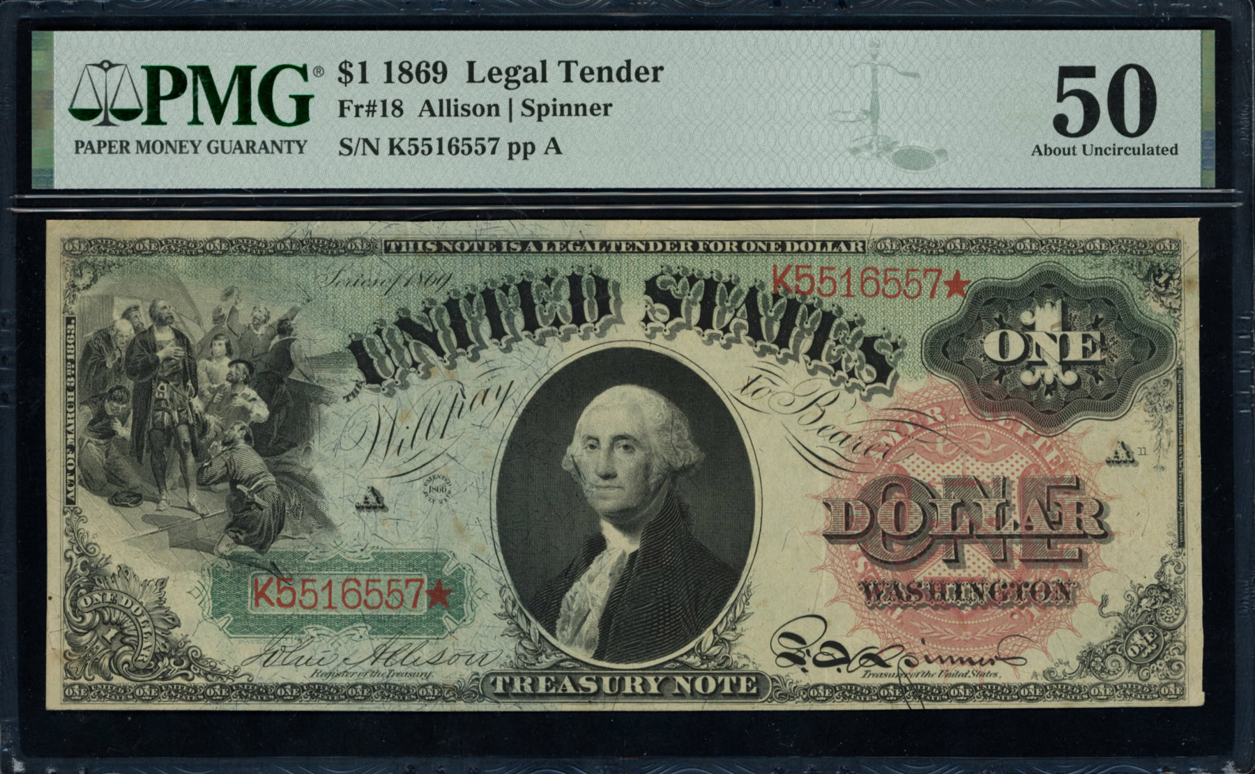 Fr. 18 1869 $1 Legal Tender Note Allison / Spinner PMG About ...