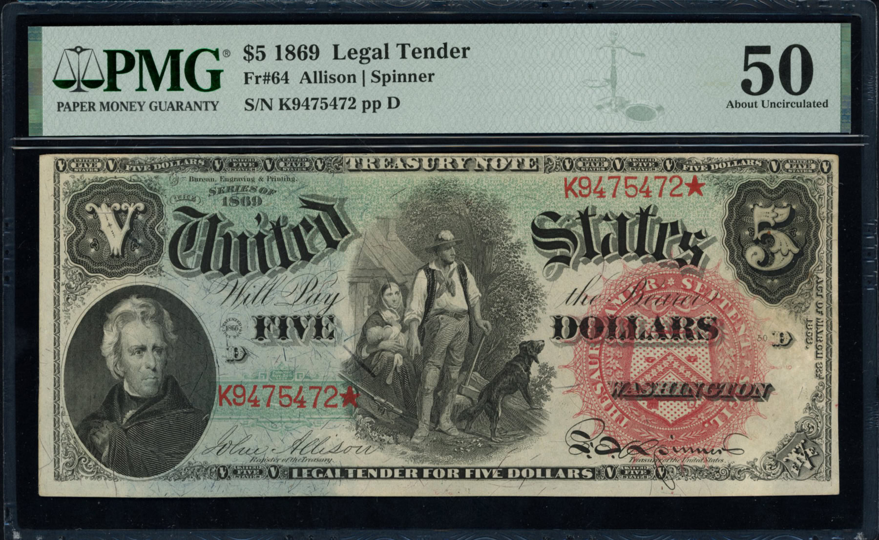 Fr. 64 1869 $5 Legal Tender Note Allison / Spinner PMG About ...