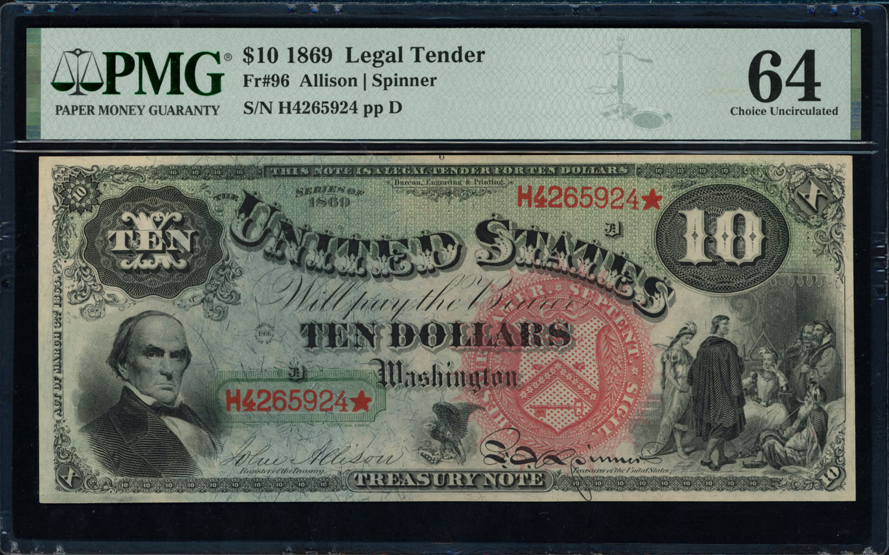 Fr. 96 1869 $10 Legal Tender Note Allison / Spinner PMG Choice ...