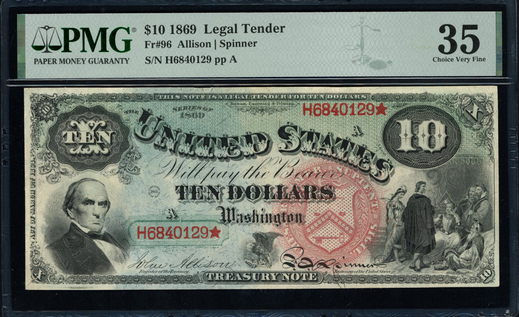 Fr. 96 1869 $10 Legal Tender Note Allison / Spinner PMG Choice Very ...