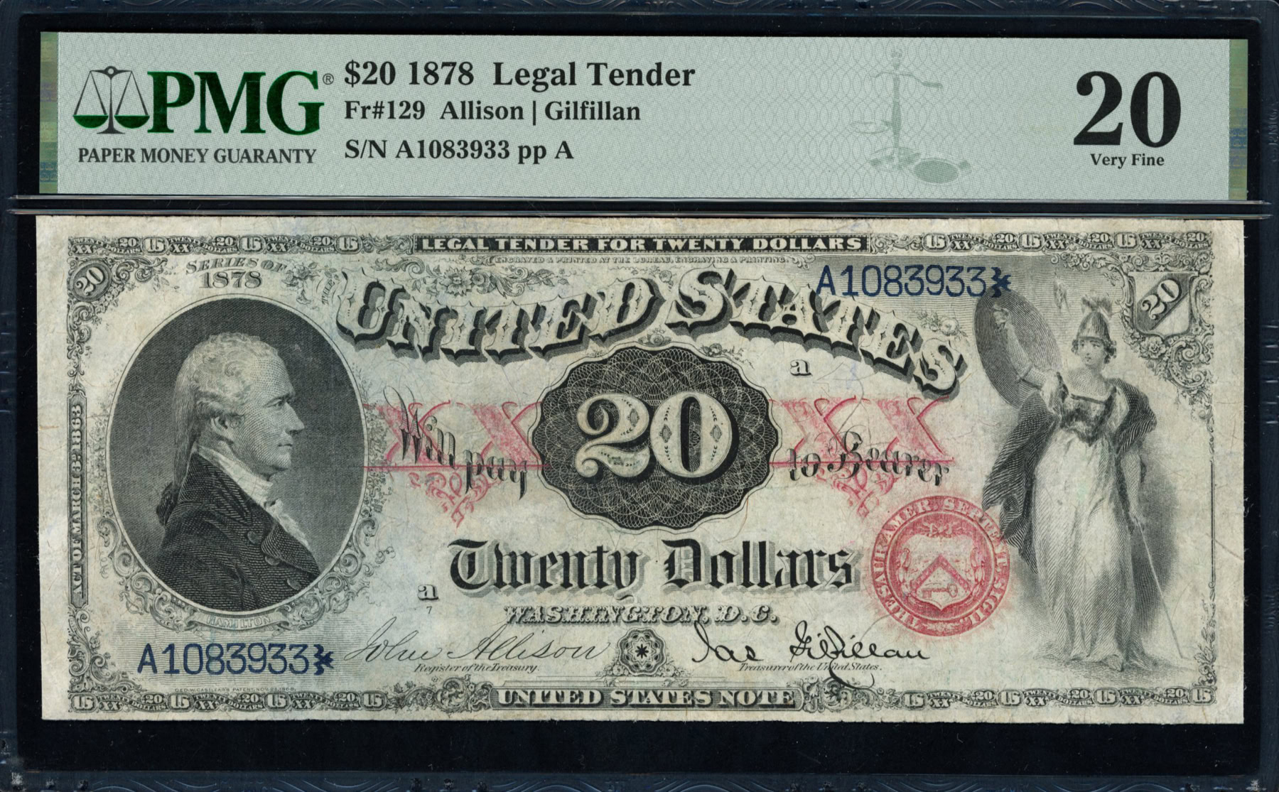 Fr. 129 1878 $20 Legal Tender Note Allison / Gilfillan PMG Very Fine 20 ...
