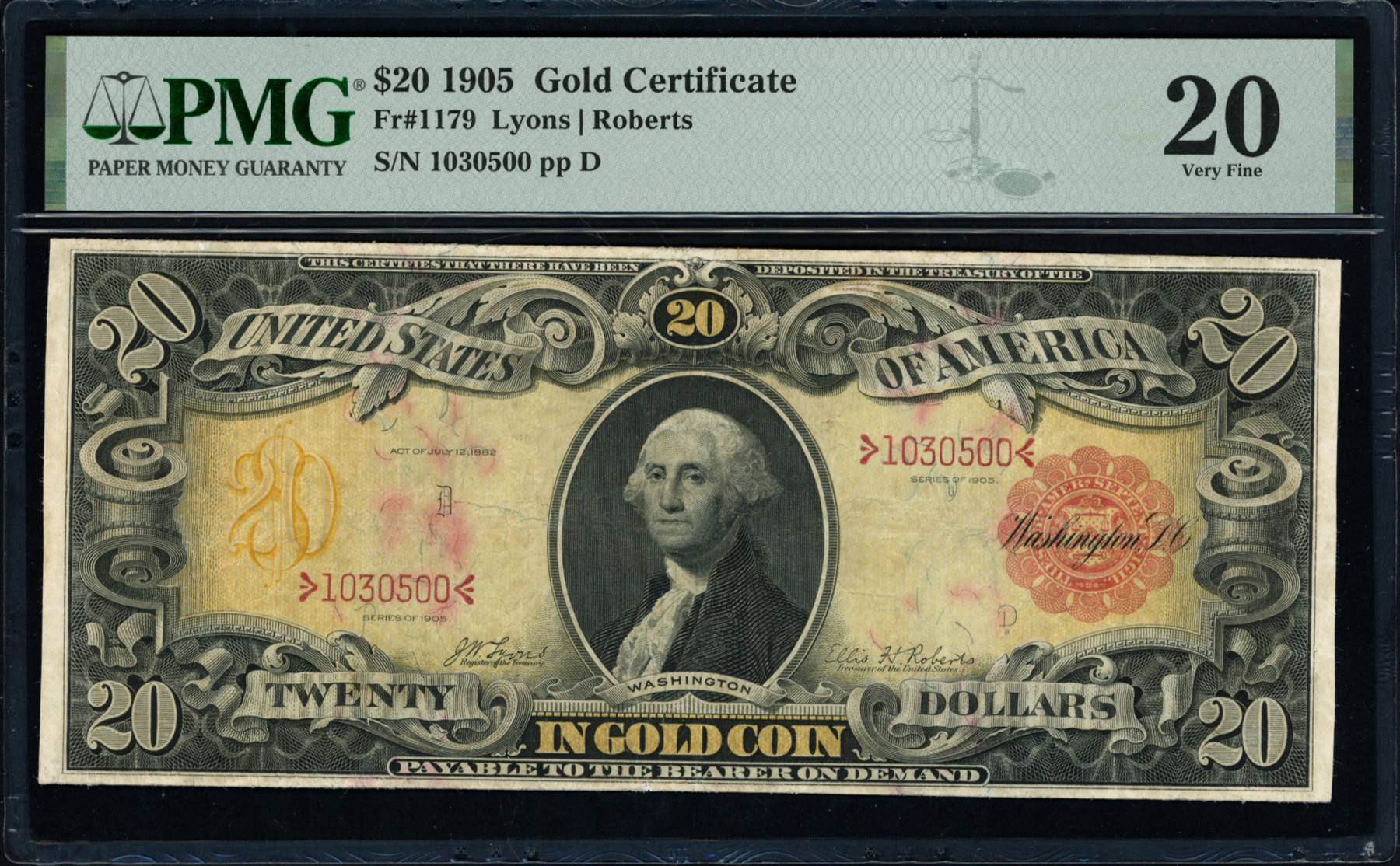 Fr. 1179 1905 $20 Gold Certificate Note Lyons / Roberts PMG Very Fine ...