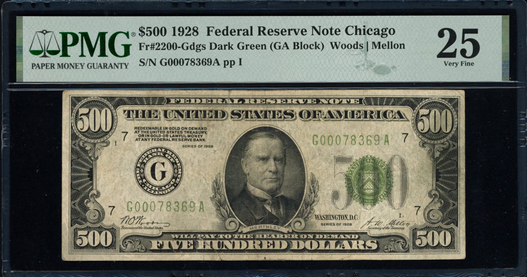 Fr. 2200-Gdgs Dark Green (GA Block) 1928 $500 Chicago Federal Reserve ...