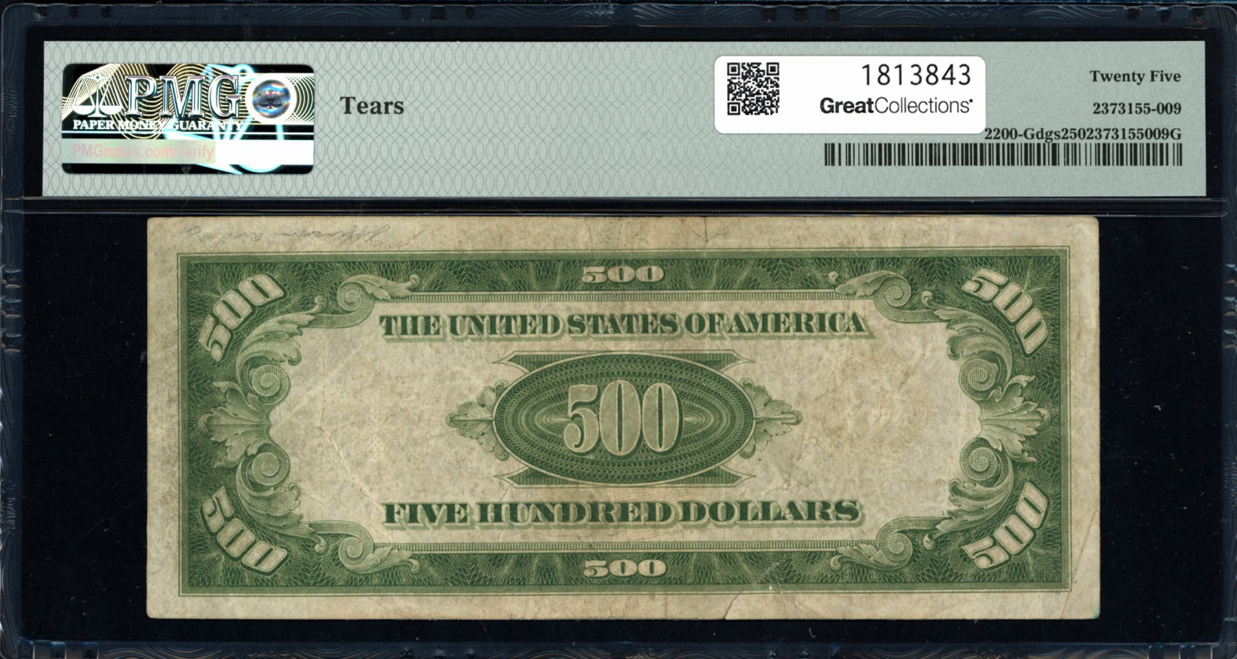 Fr. 2200-Gdgs Dark Green (GA Block) 1928 $500 Chicago Federal Reserve ...