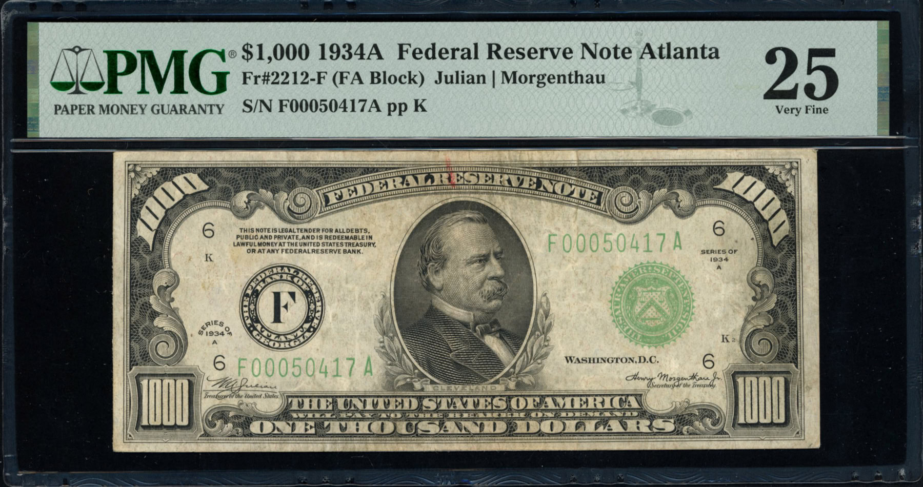 Fr. 2212-F (FA Block) 1934A $1,000 Atlanta Federal Reserve Note Julian ...