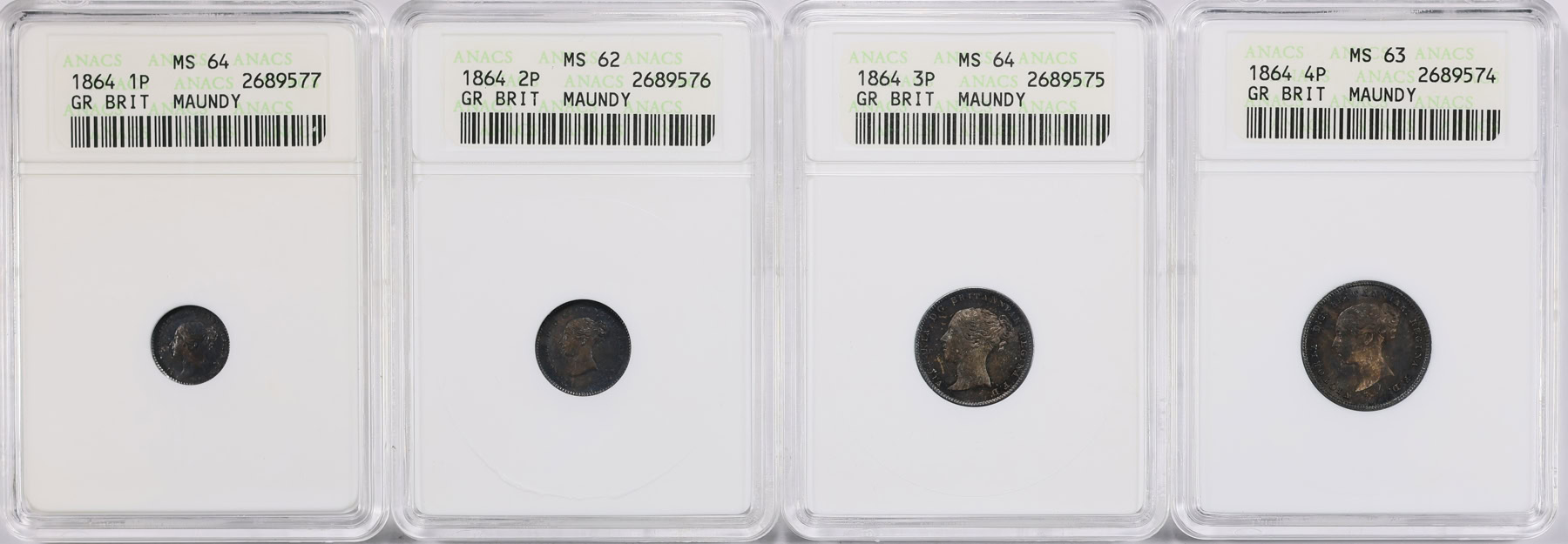 Great Britain 1864 Silver 1p, 2p, 3p & 4p Maundy Set KM-MDS115 ANACS MS ...