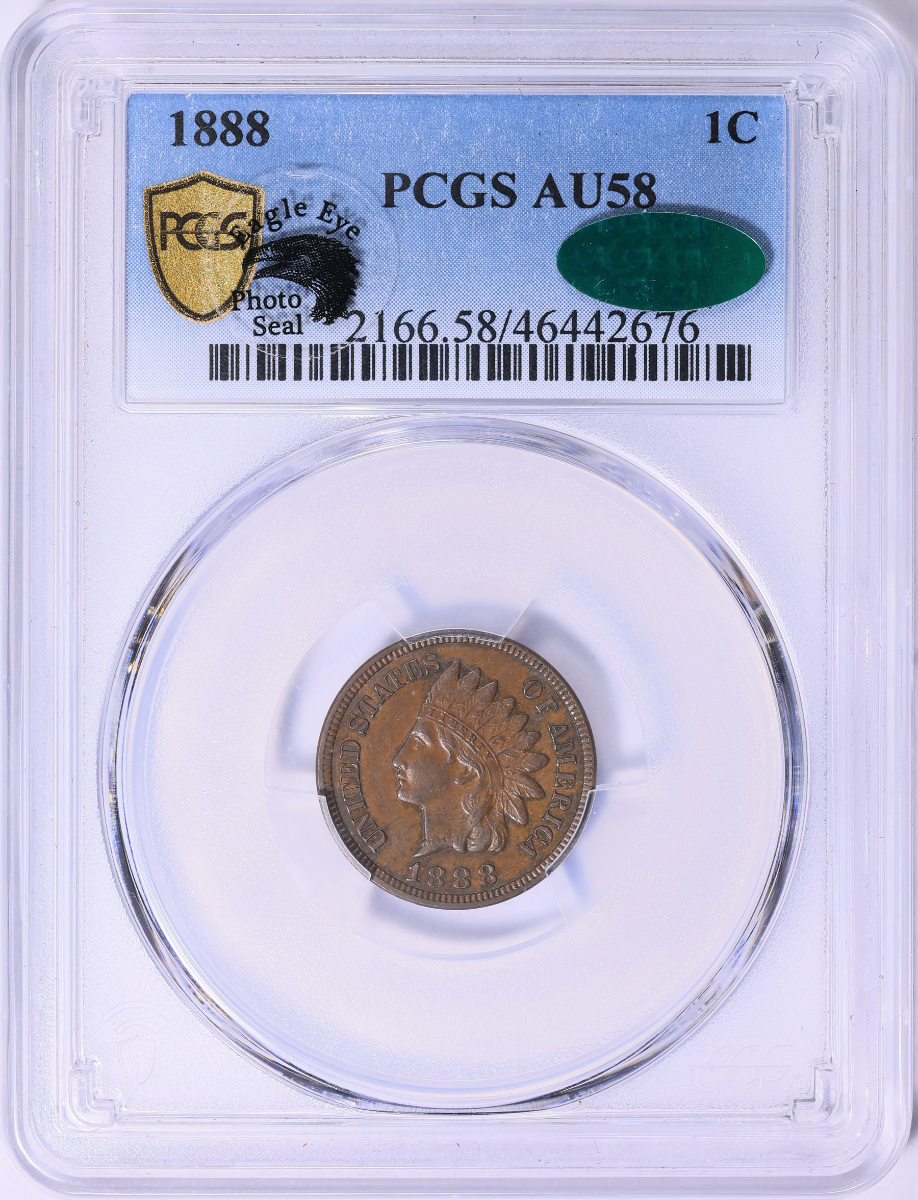 1888 Indian Cent PCGS AU-58 BN (CAC Green) (Eagle Eye Seal) (Item 1814121) | GreatCollections ...