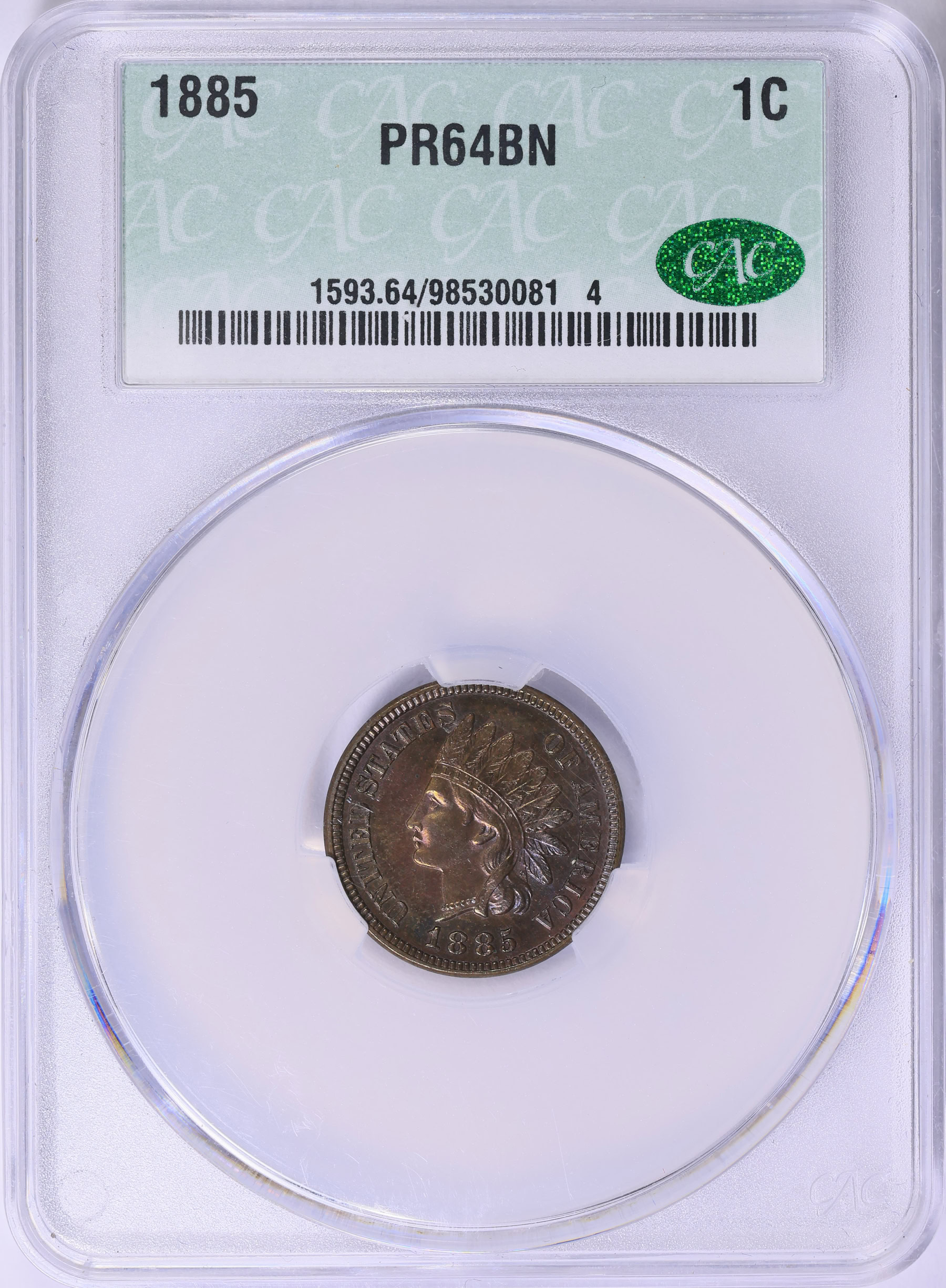 1885 Indian Cent CACG Proof-64 BN (Toned) (Item 1814124) | GreatCollections Coin Auctions