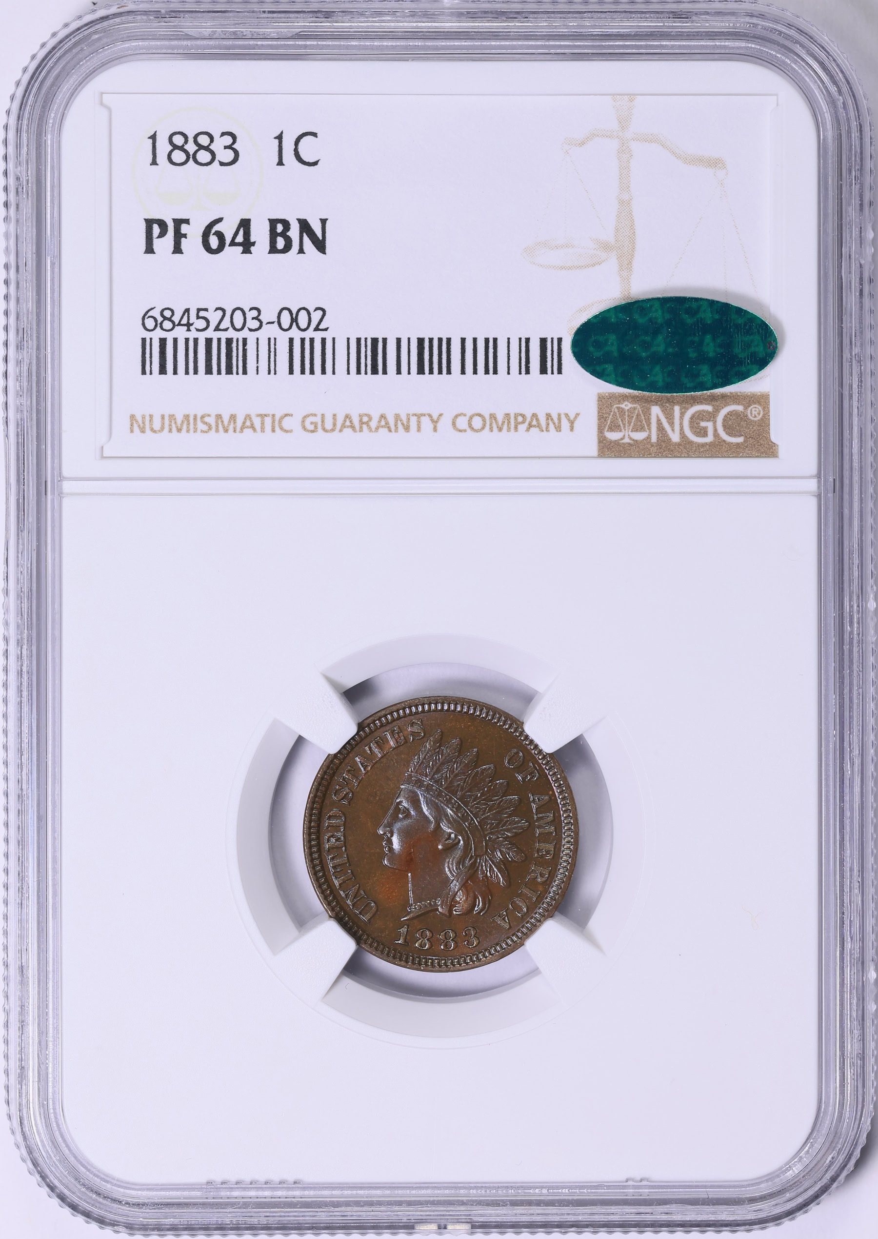 1883 Indian Cent NGC Proof-64 BN (CAC Green) (Toned) (Item 1814125) | GreatCollections Coin Auctions