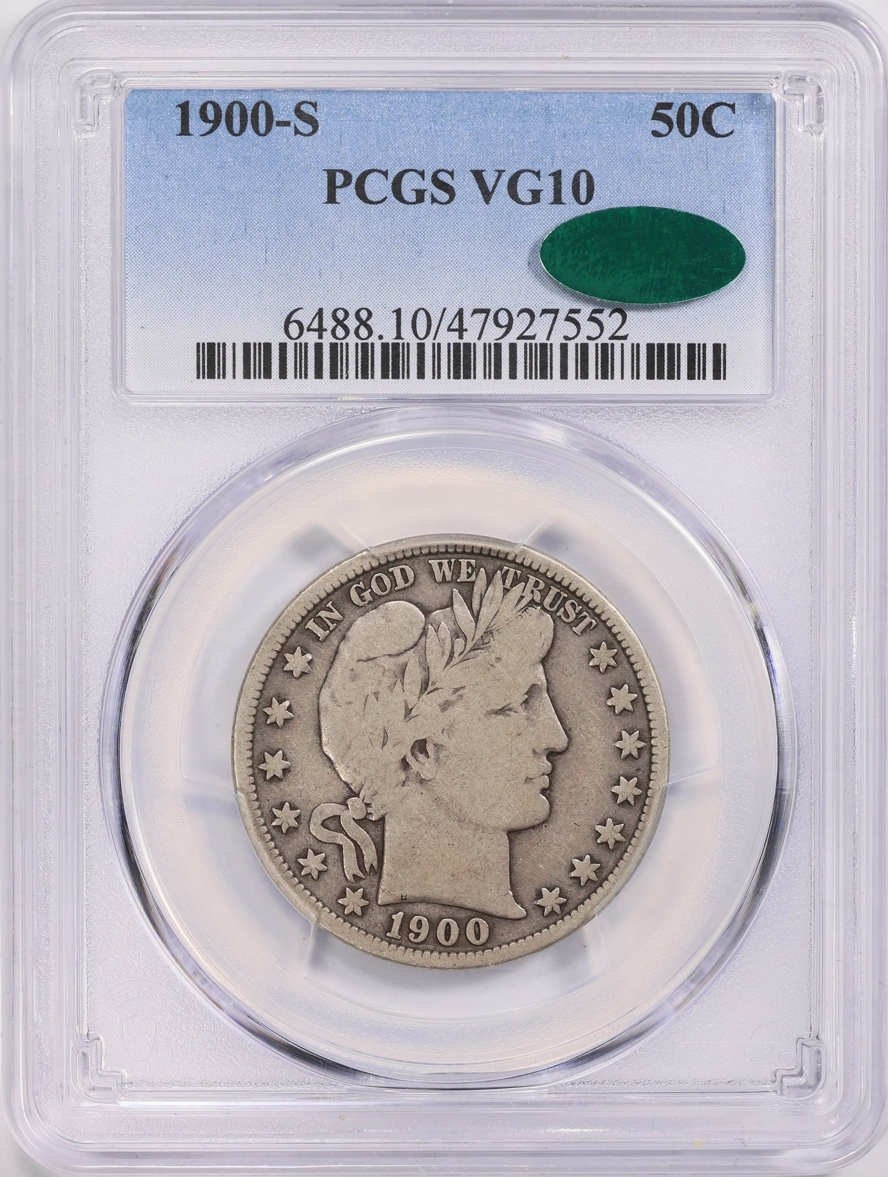 1900-S Barber Half Dollar PCGS VG-10 (CAC Green) (Item 1814151) | GreatCollections Coin Auctions