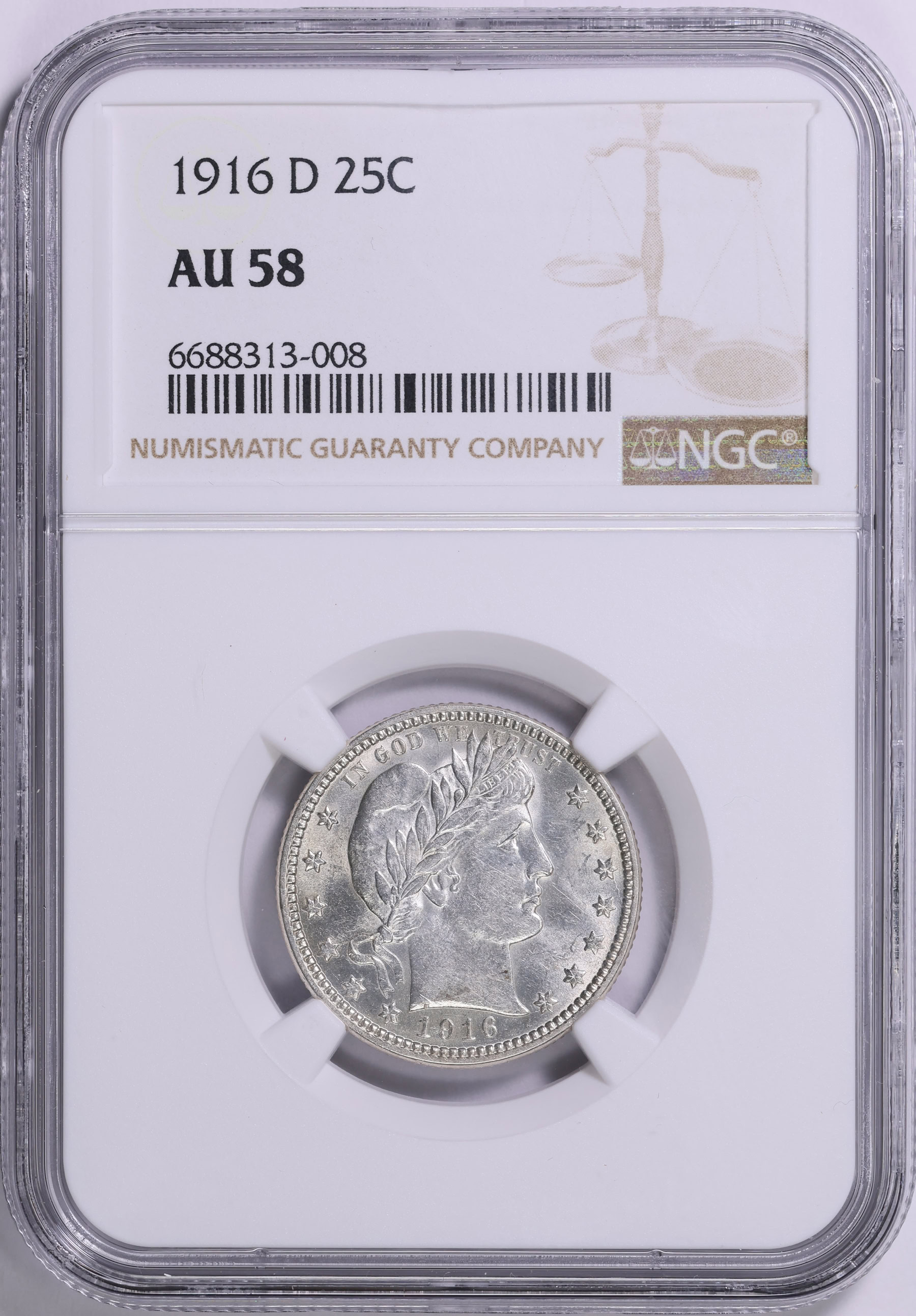 1916-D Barber Quarter NGC AU-58 (Item 1814330) | GreatCollections Coin ...
